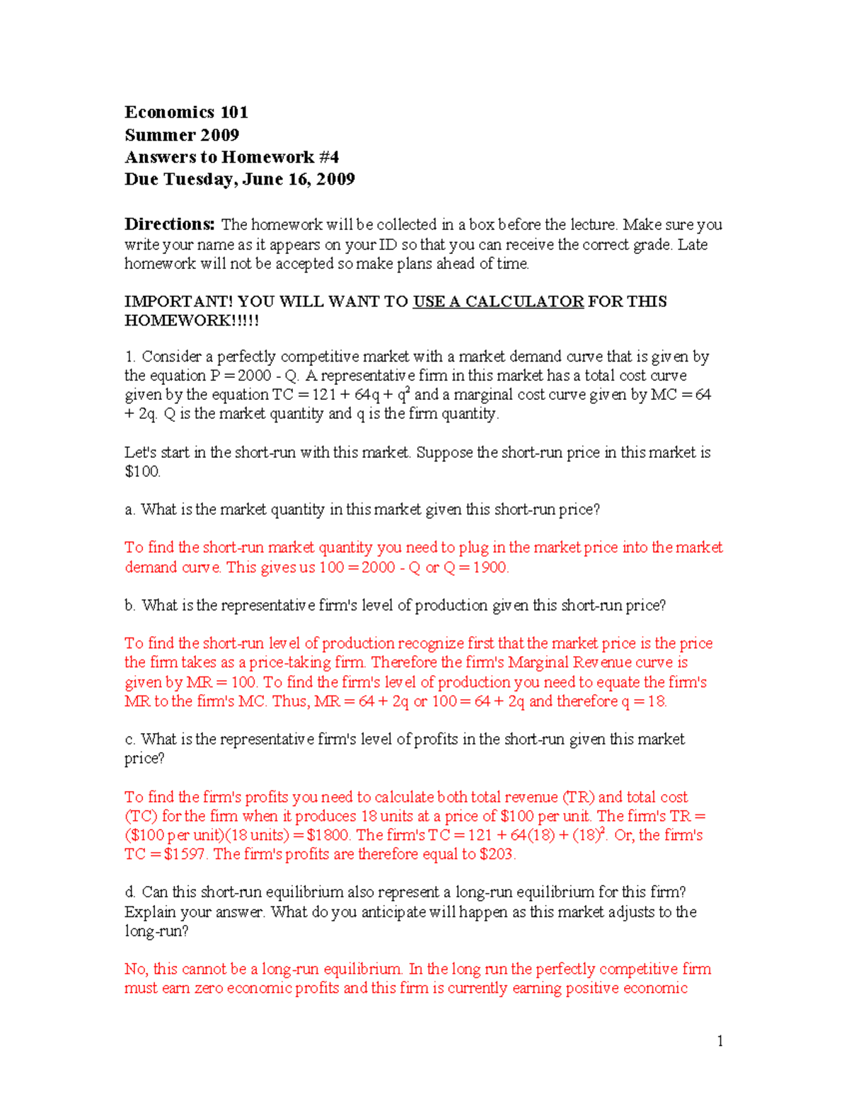 Econ 101 homework 4 - Economics 101 Summer 2009 Answers to Homework Due ...