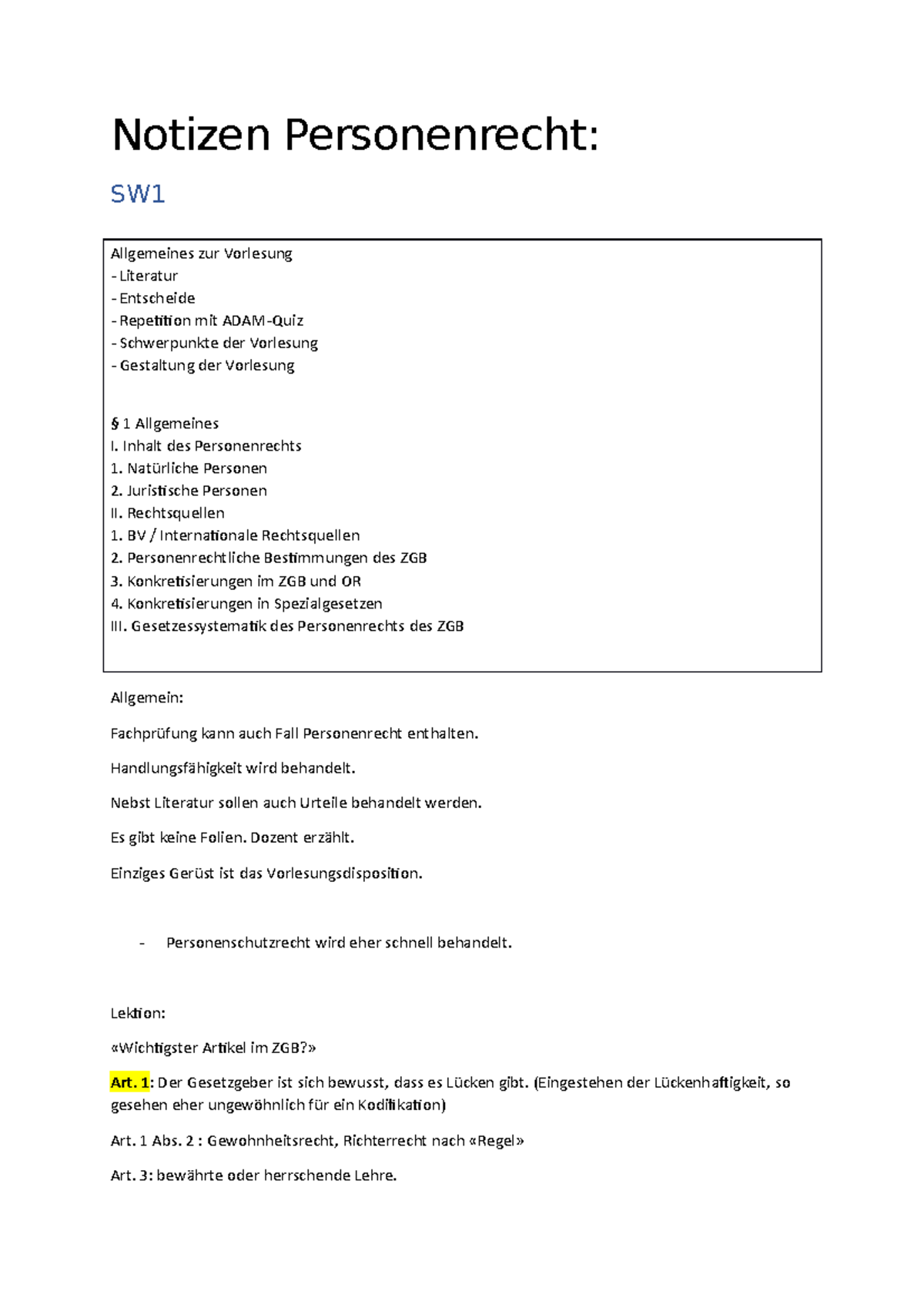 Notizen Personenrecht - Notizen Personenrecht: SW Allgemeines zur ...