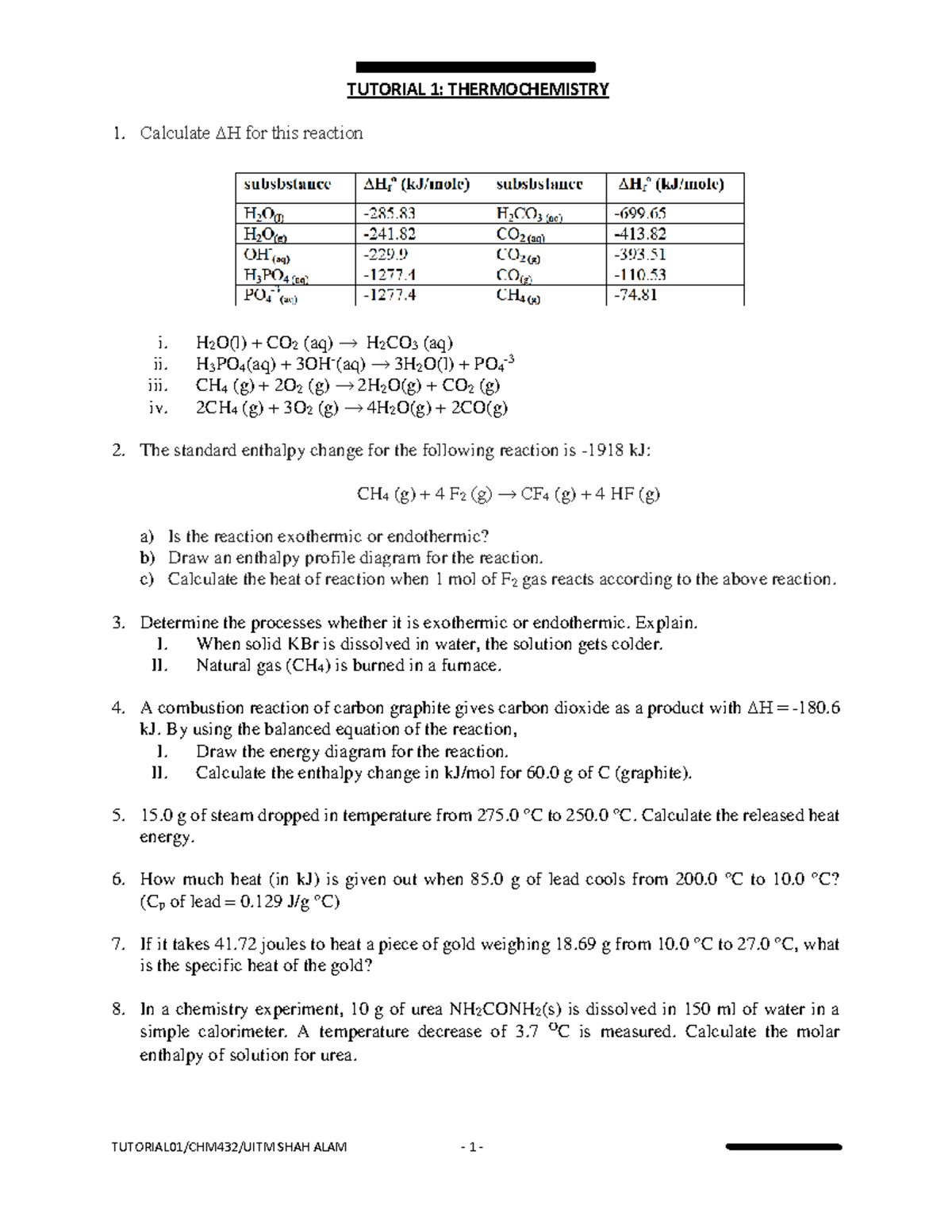 TUTO 1 PHY CHEM - TUTORIAL 1: THERMOCHEMISTRY TUTORIAL01/CHM432/UITM ...