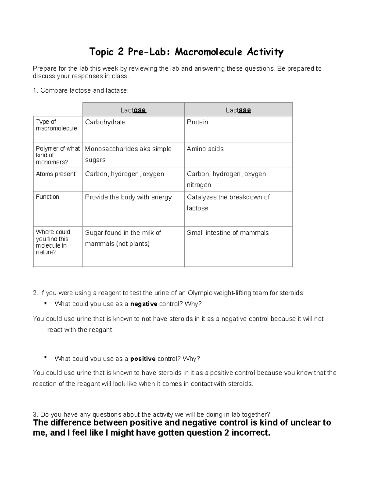 Topic 2 Pre-Lab Macromolecules PDF - Be prepared to discuss your responses in class. Compare ...