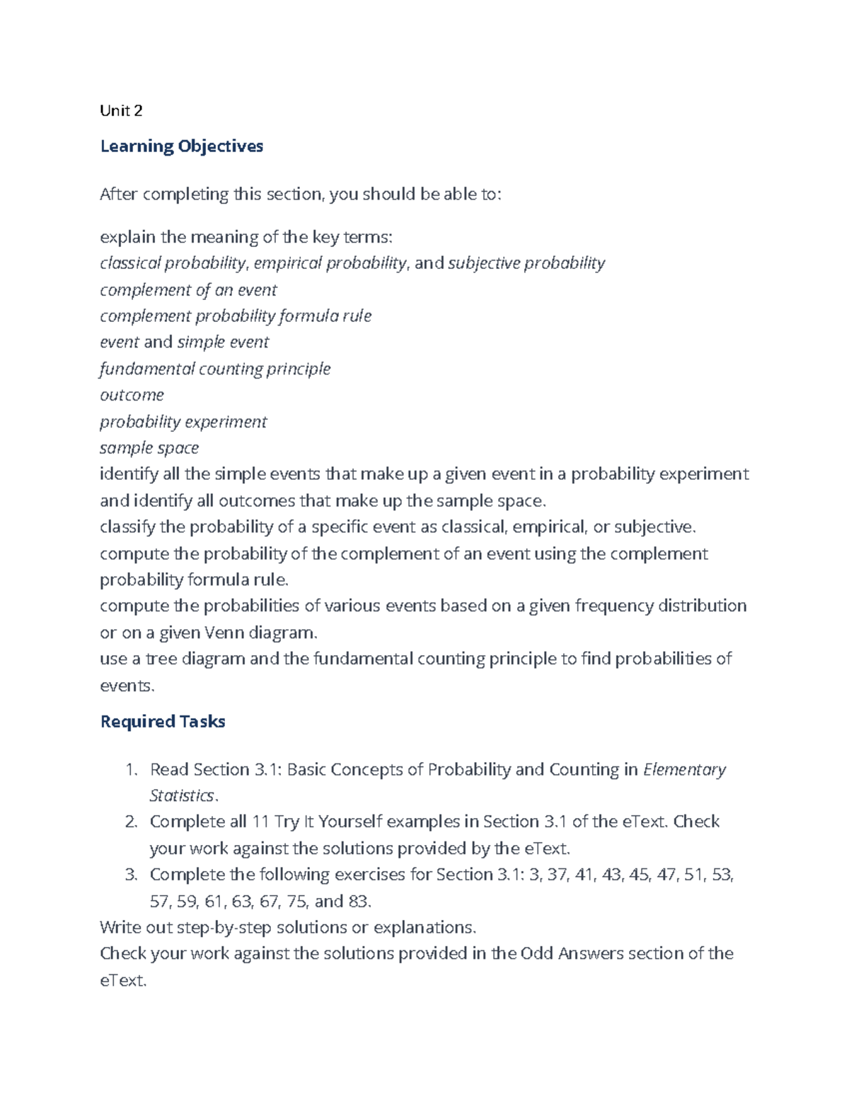 Unit 2 Probability - Unit 2 Learning Objectives After completing this ...