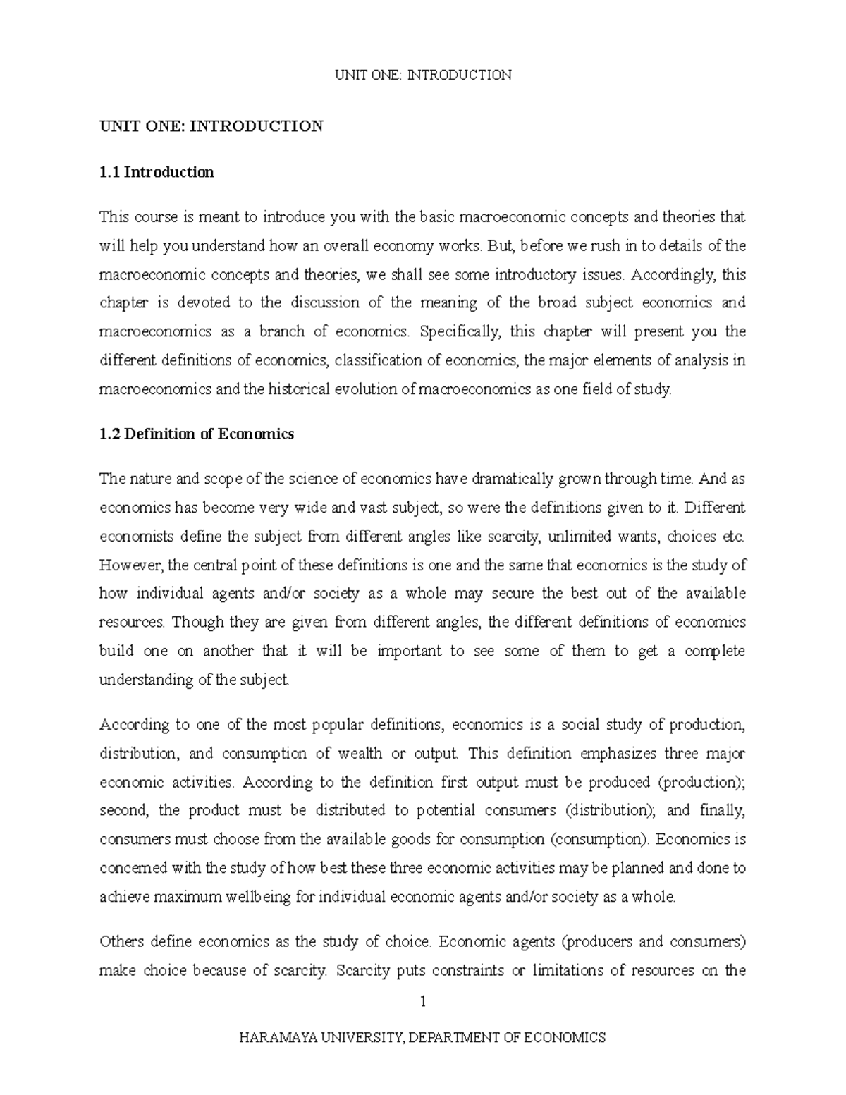 Chapter 1 - Lecture notes 1 - UNIT ONE: INTRODUCTION UNIT ONE ...