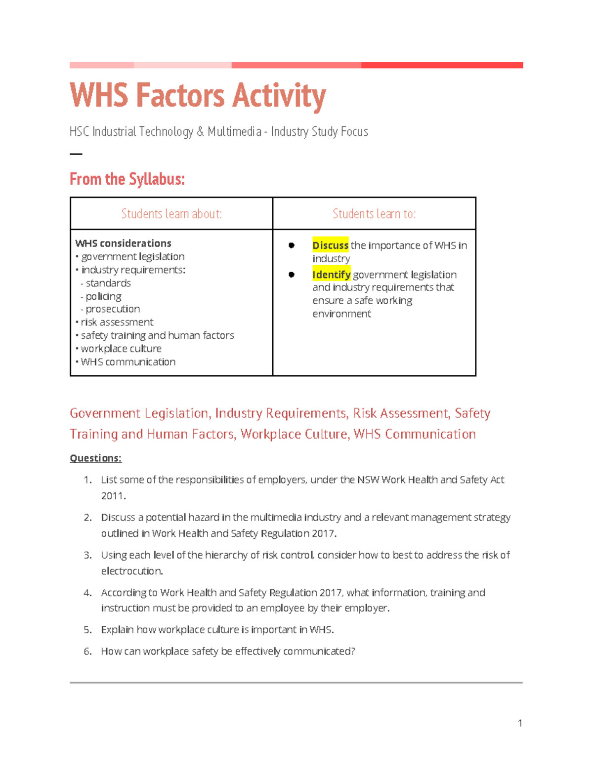 WHS Factors Activity - Material - 1 WHS Factors Activity HSC Industrial ...