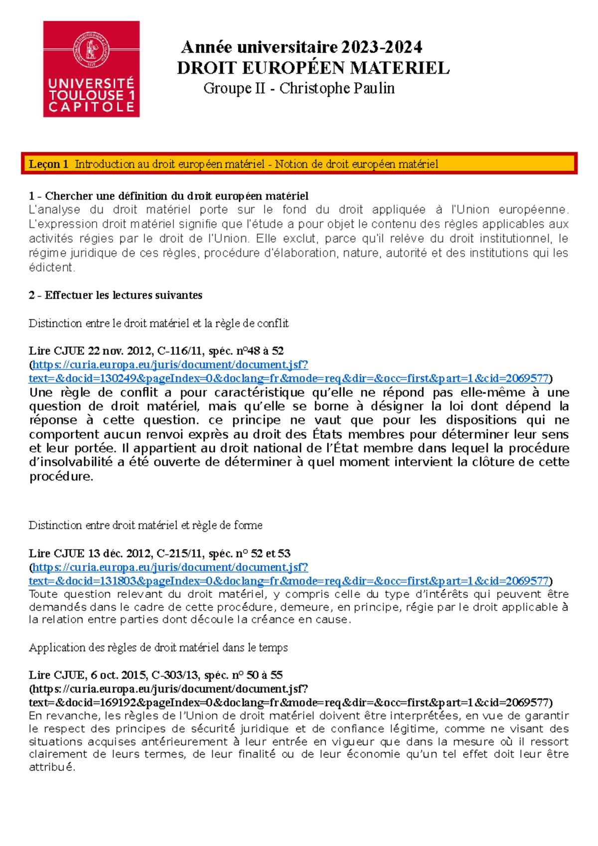 Fiche 1 - Introduction au droit matériel européen - Année universitaire ...