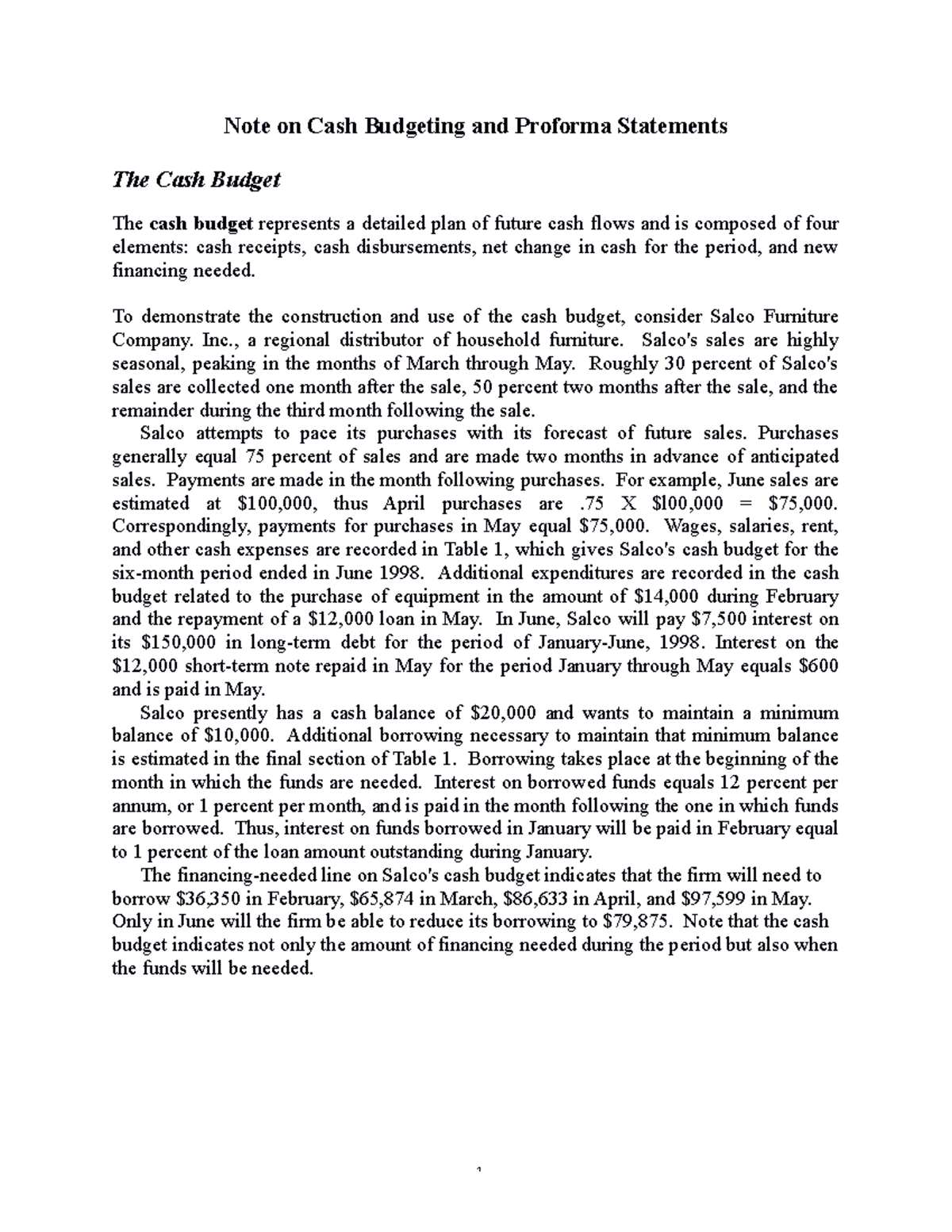 Teaching NOTE ON CASH Budgeting - Note on Cash Budgeting and Proforma ...