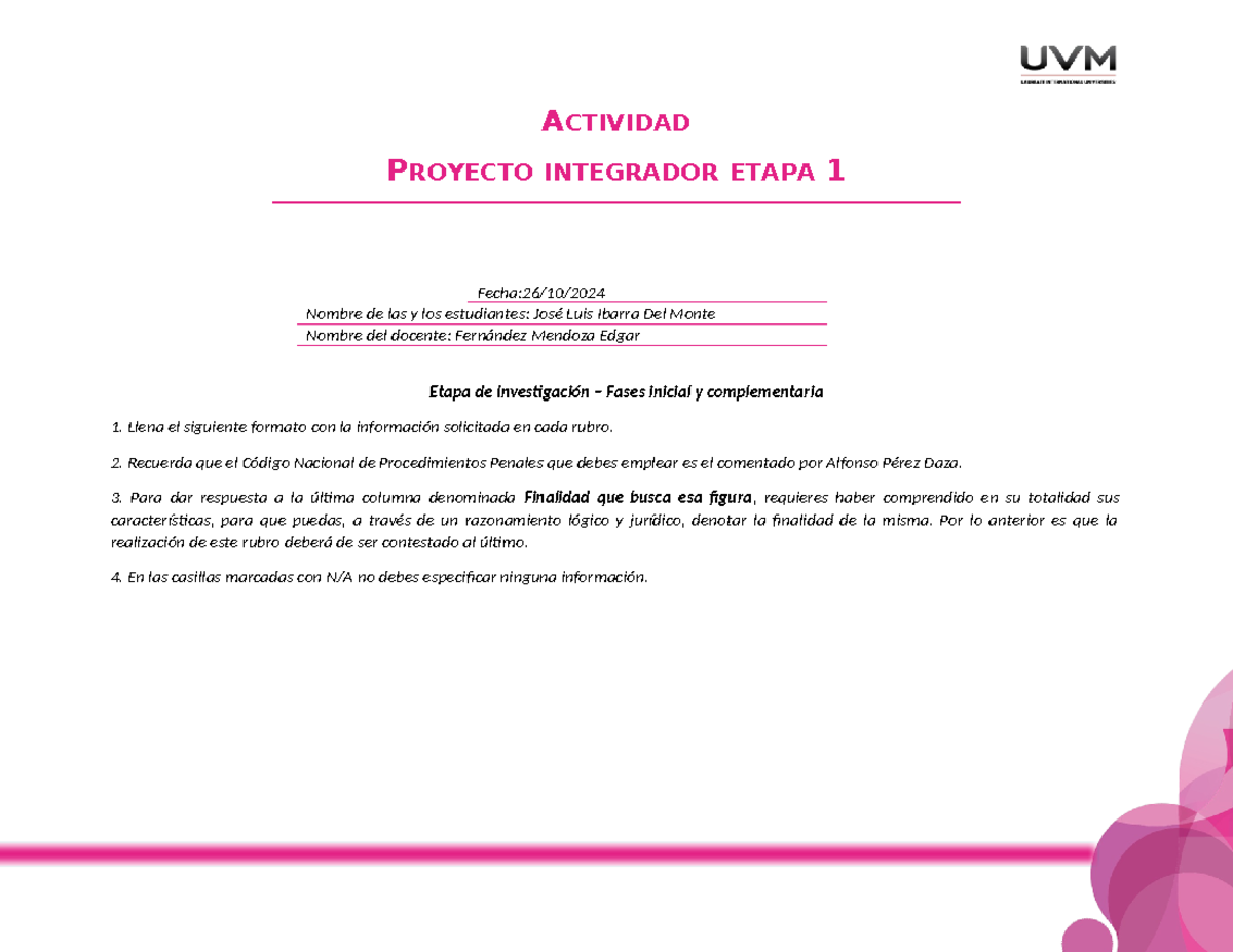 PI Etapa 1 DPP - Proyecto Integrador 1 - ACTIVIDAD PROYECTO INTEGRADOR ETAPA 1 Fecha:26/10 ...