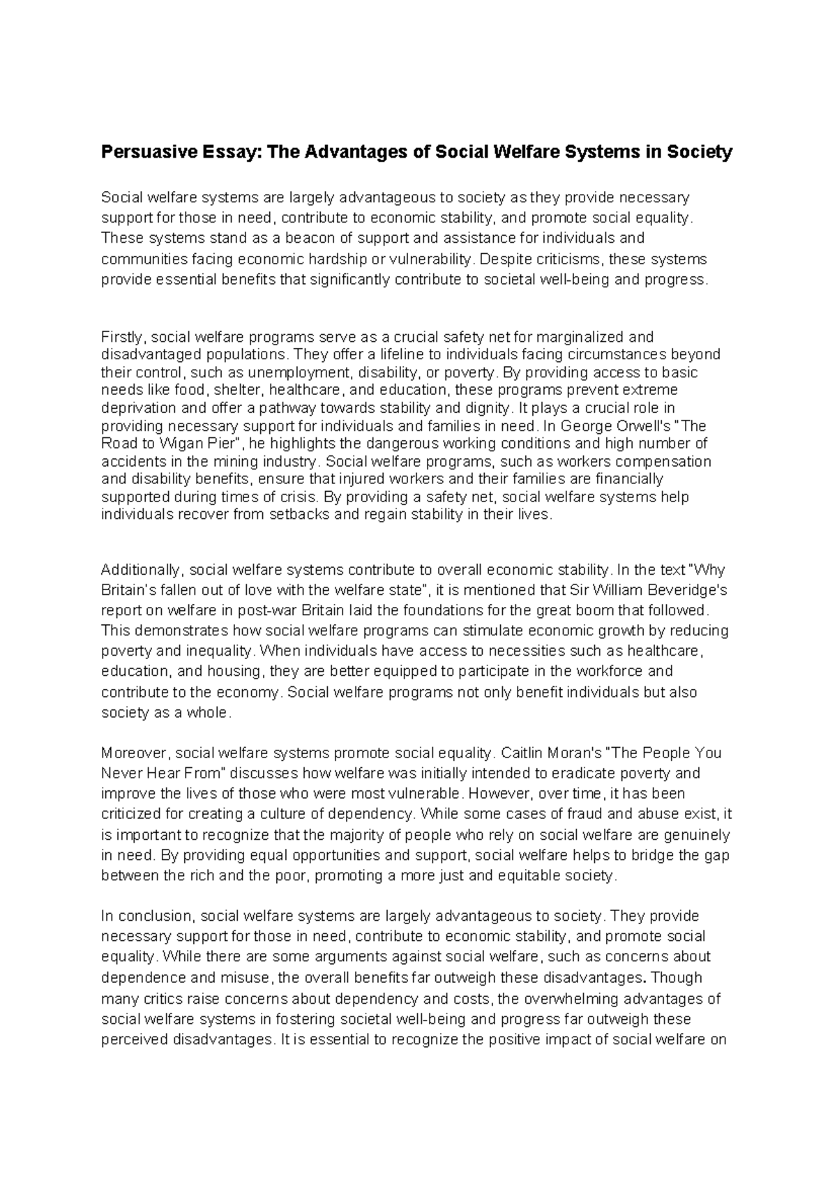 ENG6 - Argumentative Essay - Social Welfare - Persuasive Essay: The ...