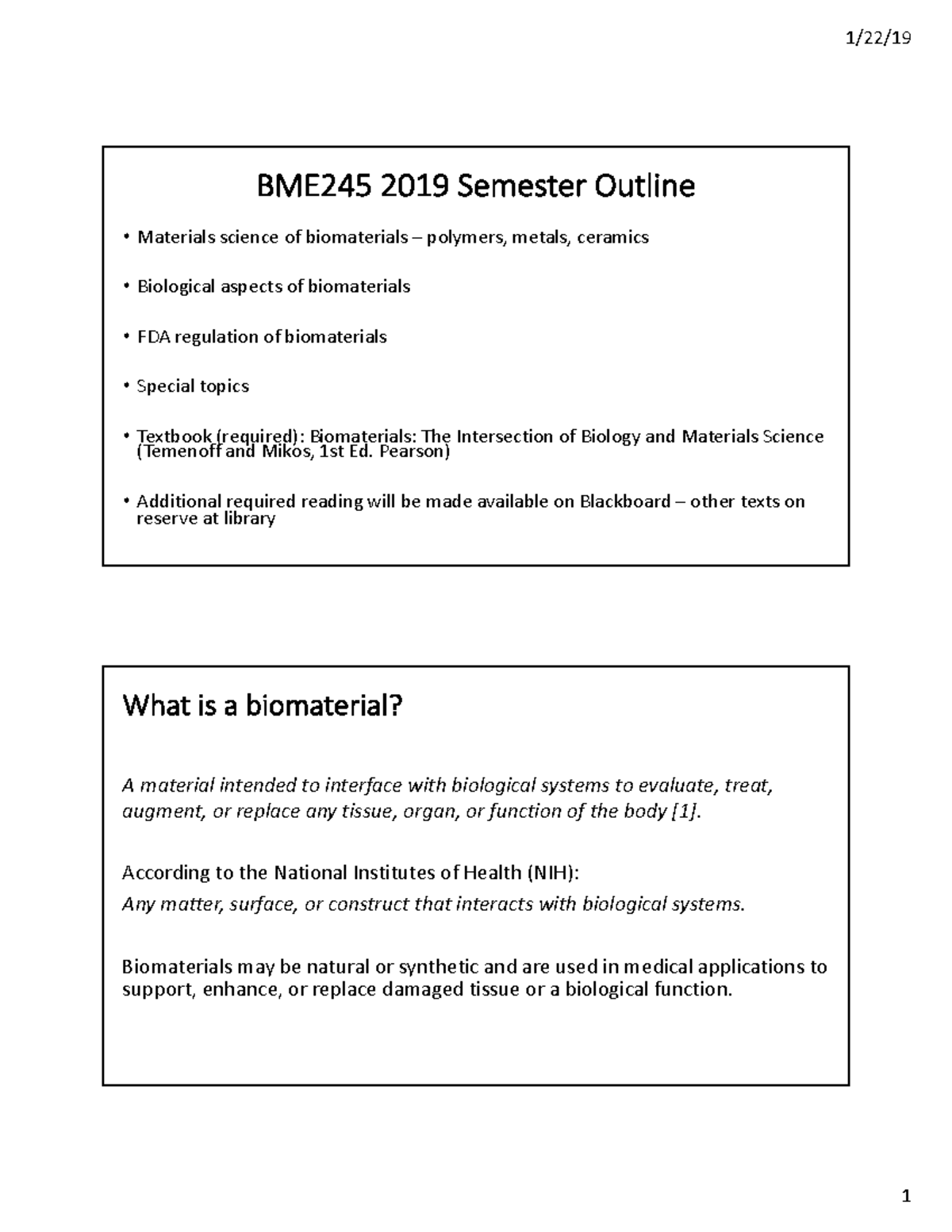 Class 1and2 011719 012219 Intro Ch1 post - BME 245 - Studocu