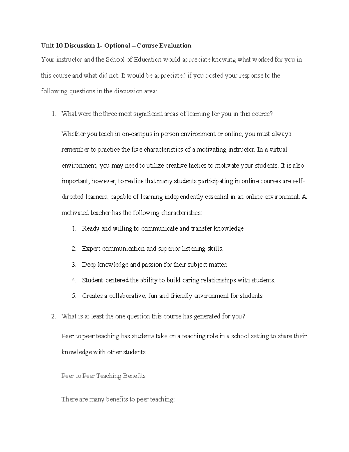 Unit 10 Discussion 1- Optional – Course Evaluation - Unit 10 Discussion ...