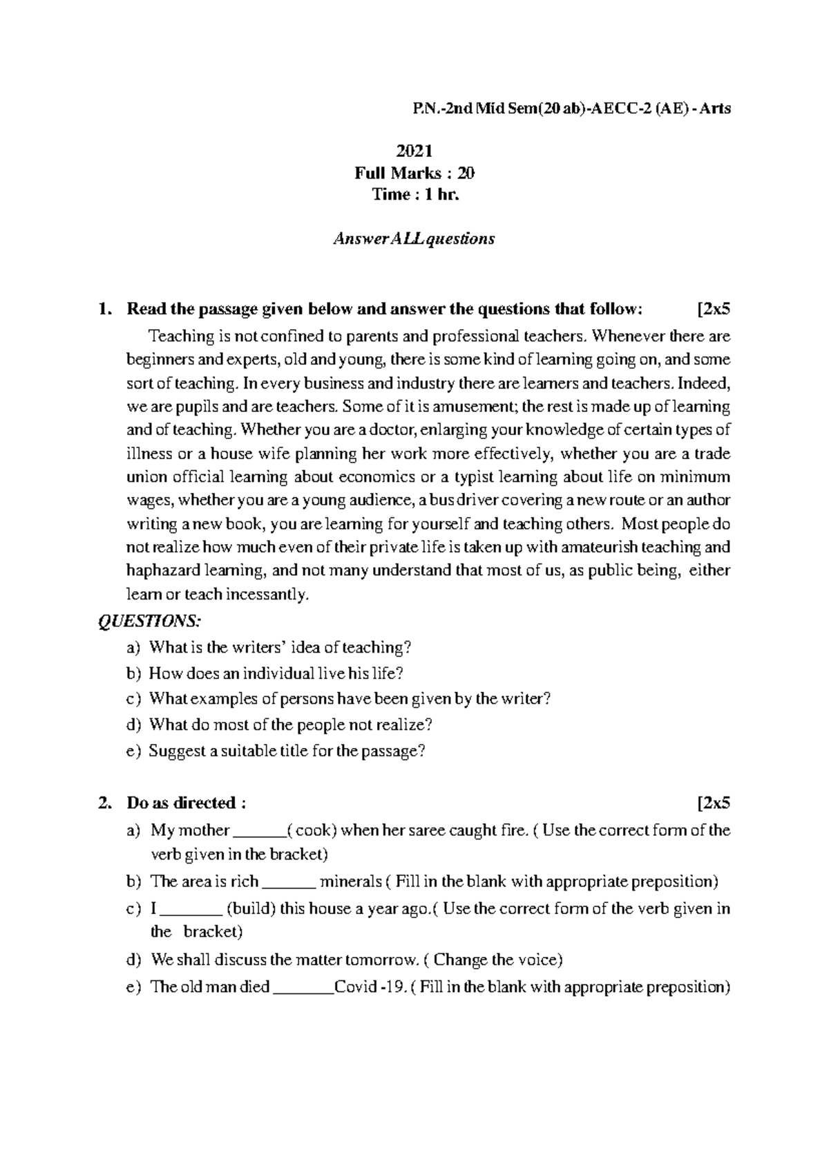 AECC-2 (AE) - Arts - Vyvbi ninni - P.-2nd Mid Sem(20 ab)-AECC-2 (AE ...