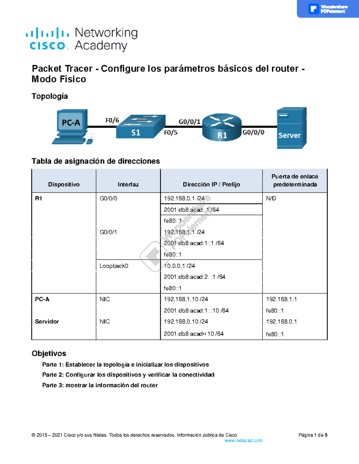 1.6.2 Packet Tracer - Configure Basic Router Settings - Physical Mode - © 2013 – 2021 Cisco y/o ...