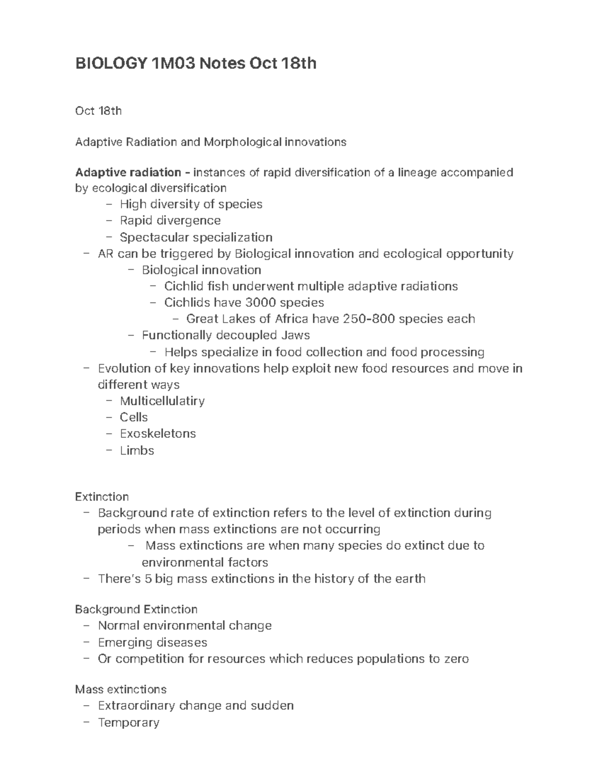 Biology 1M03 Notes Oct 18th ...