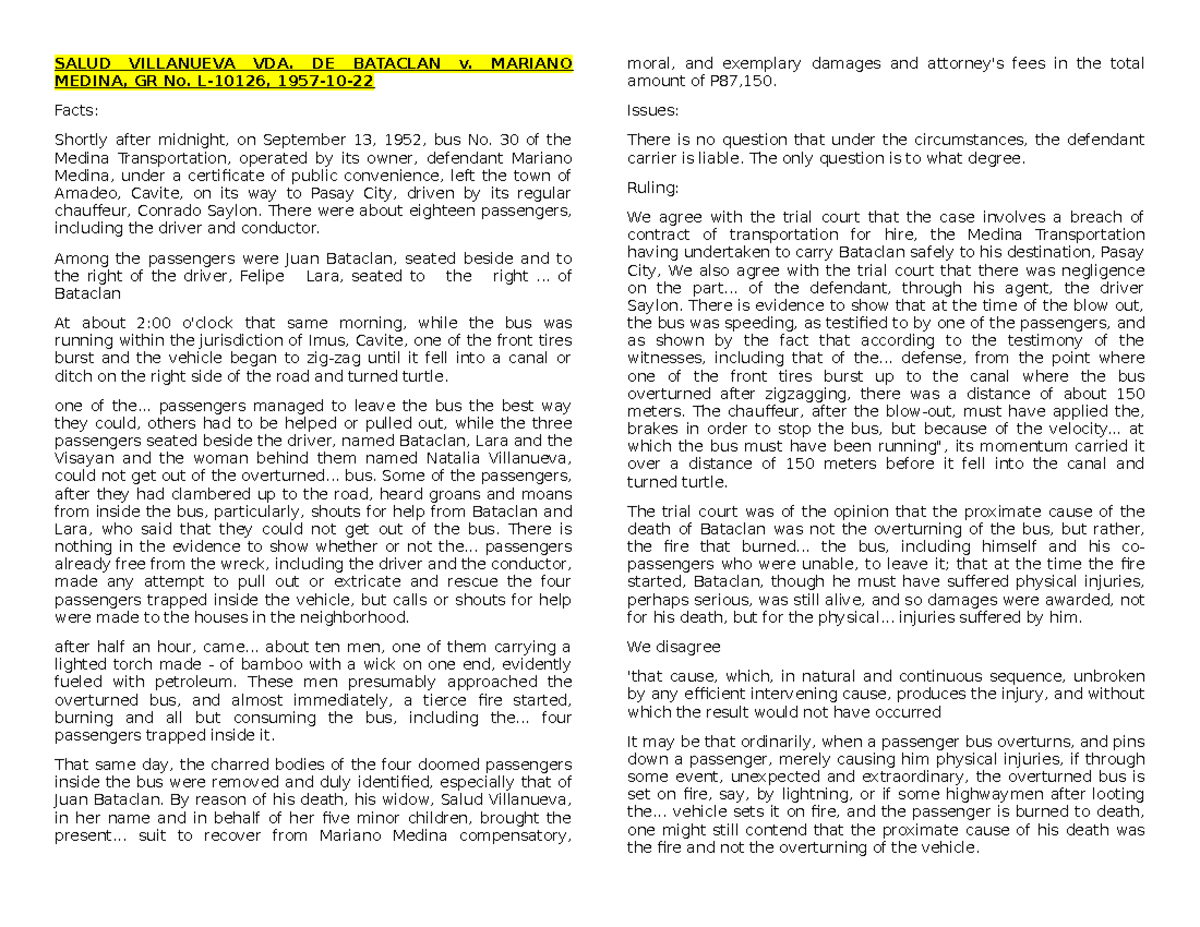 Torts case digest - SALUD VILLANUEVA VDA. DE BATACLAN v. MARIANO MEDINA ...