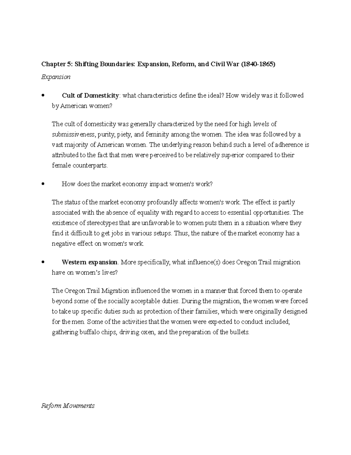 Quiz 2 study guide - Chapter 5: Shifting Boundaries: Expansion, Reform ...