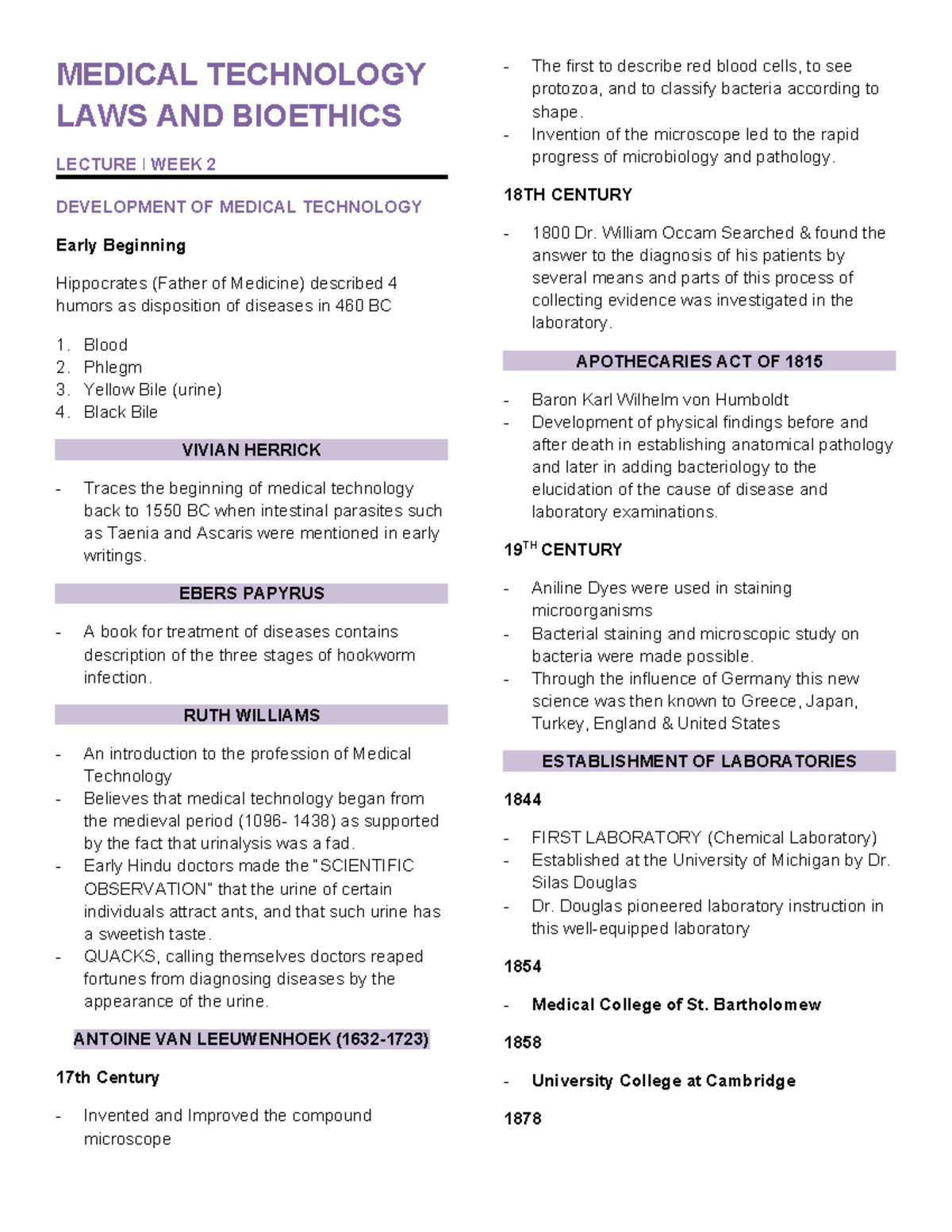 WEEK 2- History & Pamet - MEDICAL TECHNOLOGY LAWS AND BIOETHICS LECTURE ...