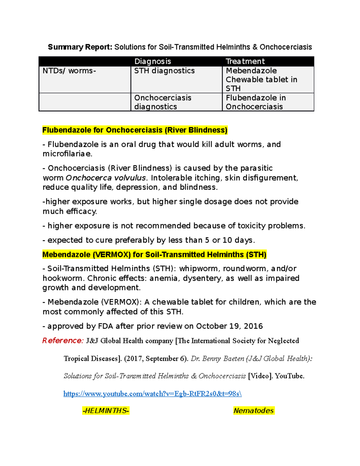 Parasitology Lecture 1 - Summary Report: Solutions for Soil-Transmitted ...