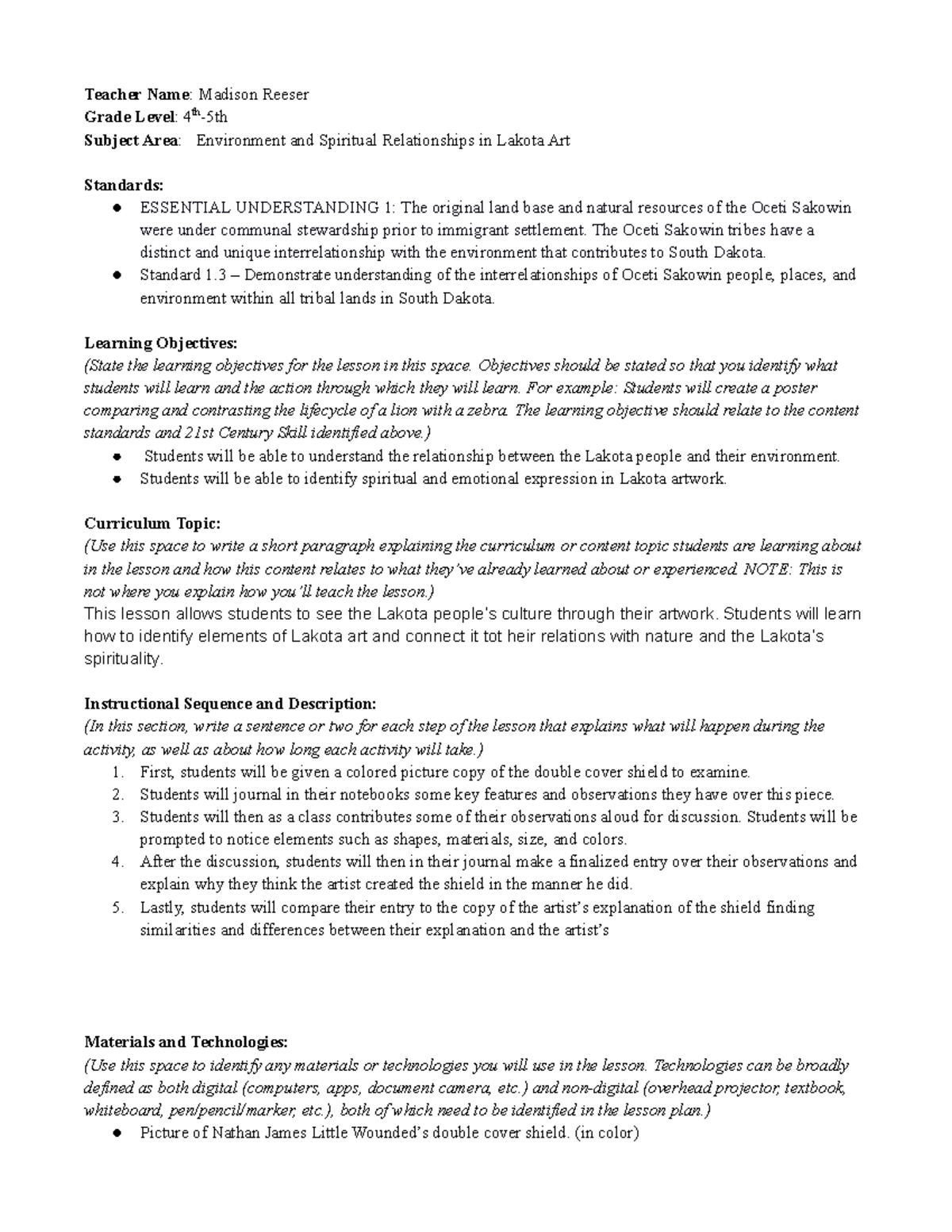 Lesson plan on Lakota Art - Teacher Name: Madison Reeser Grade Level ...