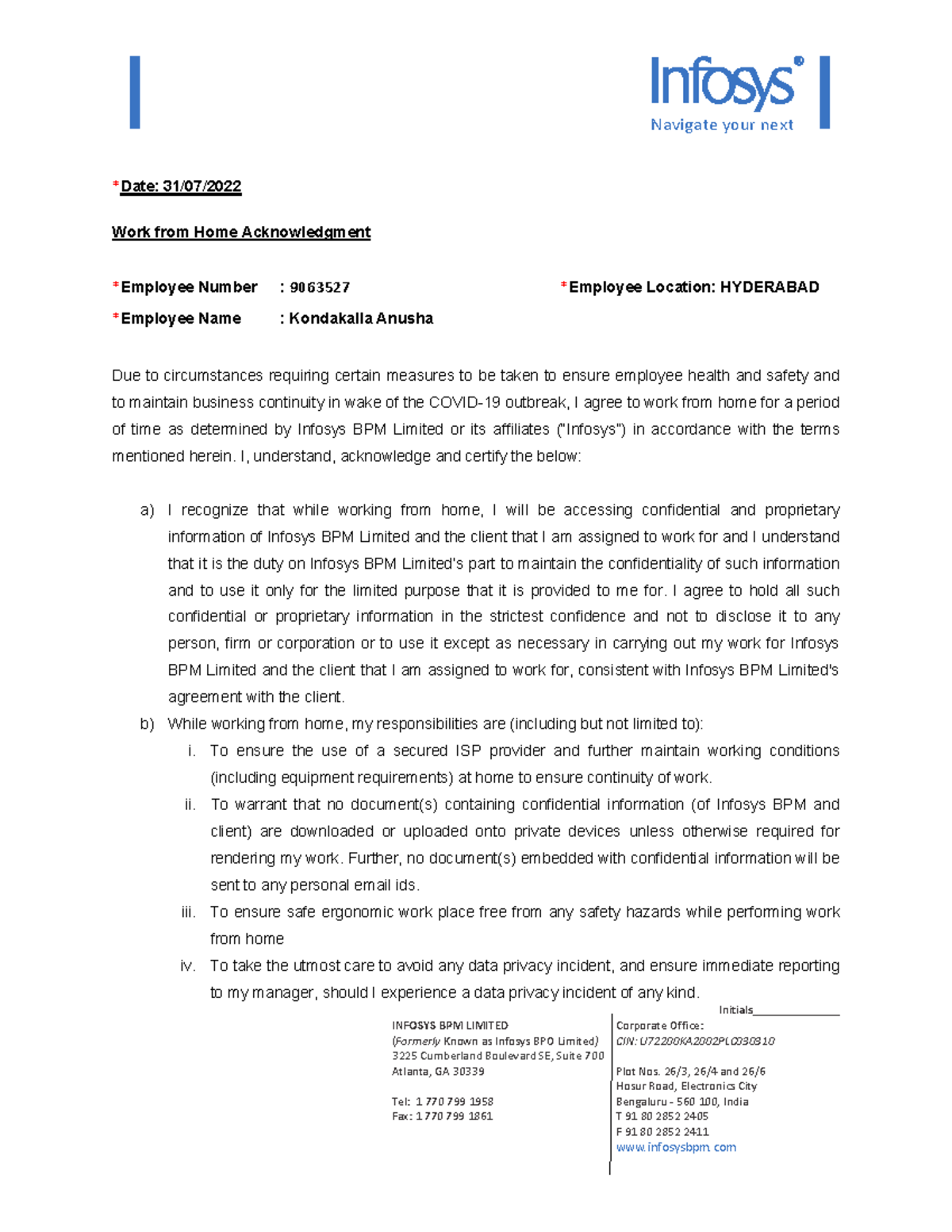 WFH Acknowledgment form - Initials______________ INFOSYS BPM LIMITED ...