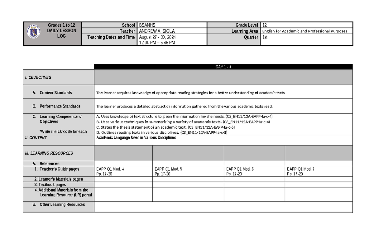 DLL EAPP Q1 W5 - EAPP - Grades 1 to 12 DAILY LESSON LOG School BSANHS ...