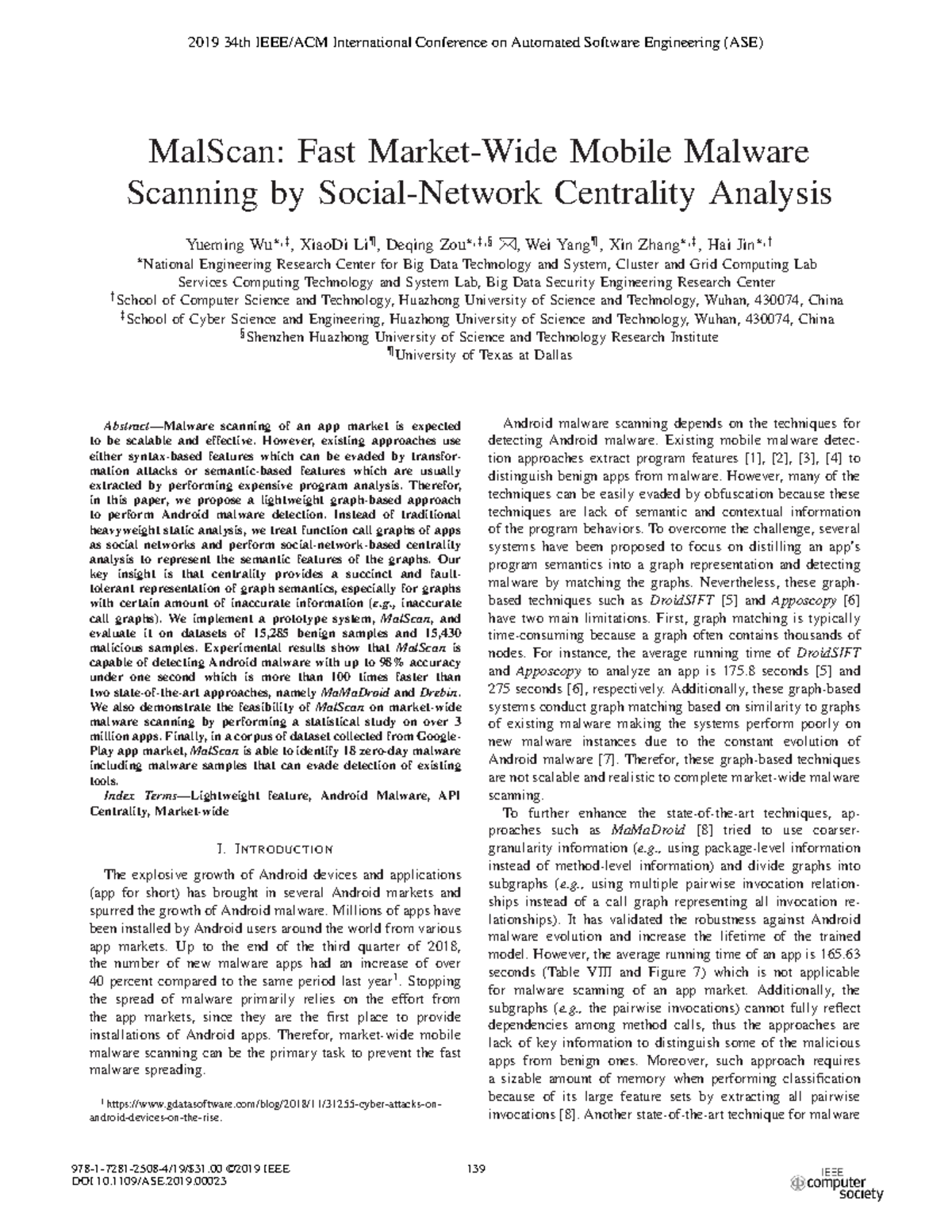 Mal Scan-IEEE - MalScan: Fast Market-Wide Mobile Malware Scanning by Social-Network Centrality ...