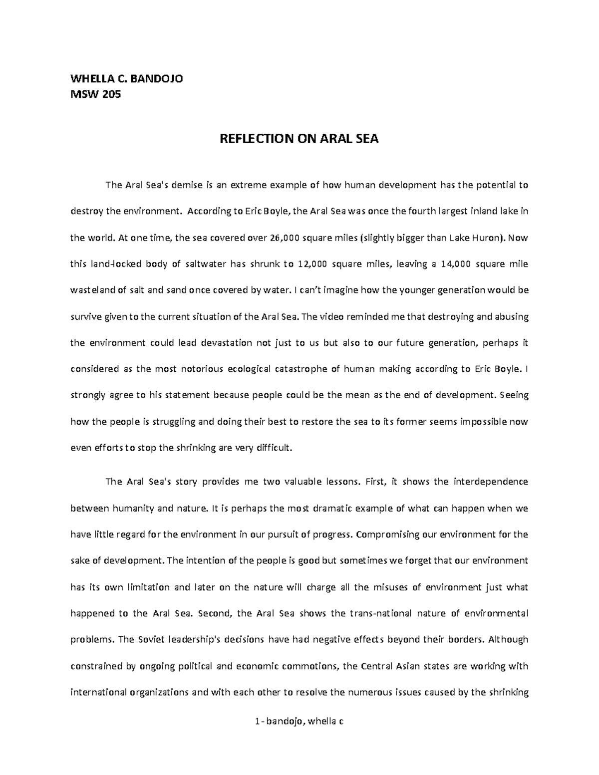 ARAL SEA Reflection - 1- bandojo, whella c WHELLA C. BANDOJO MSW 205 ...