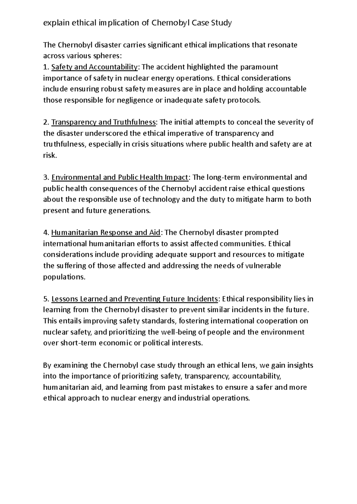 Ethics - explain ethical implication of Chernobyl Case Study The ...