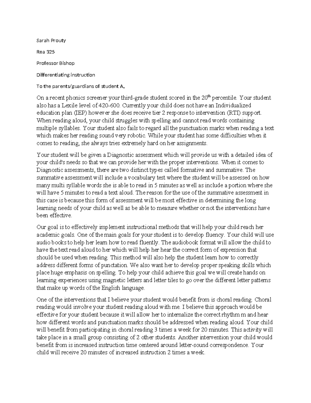 student letter rea 325 - Sarah Prouty Rea 325 Professor Bishop ...