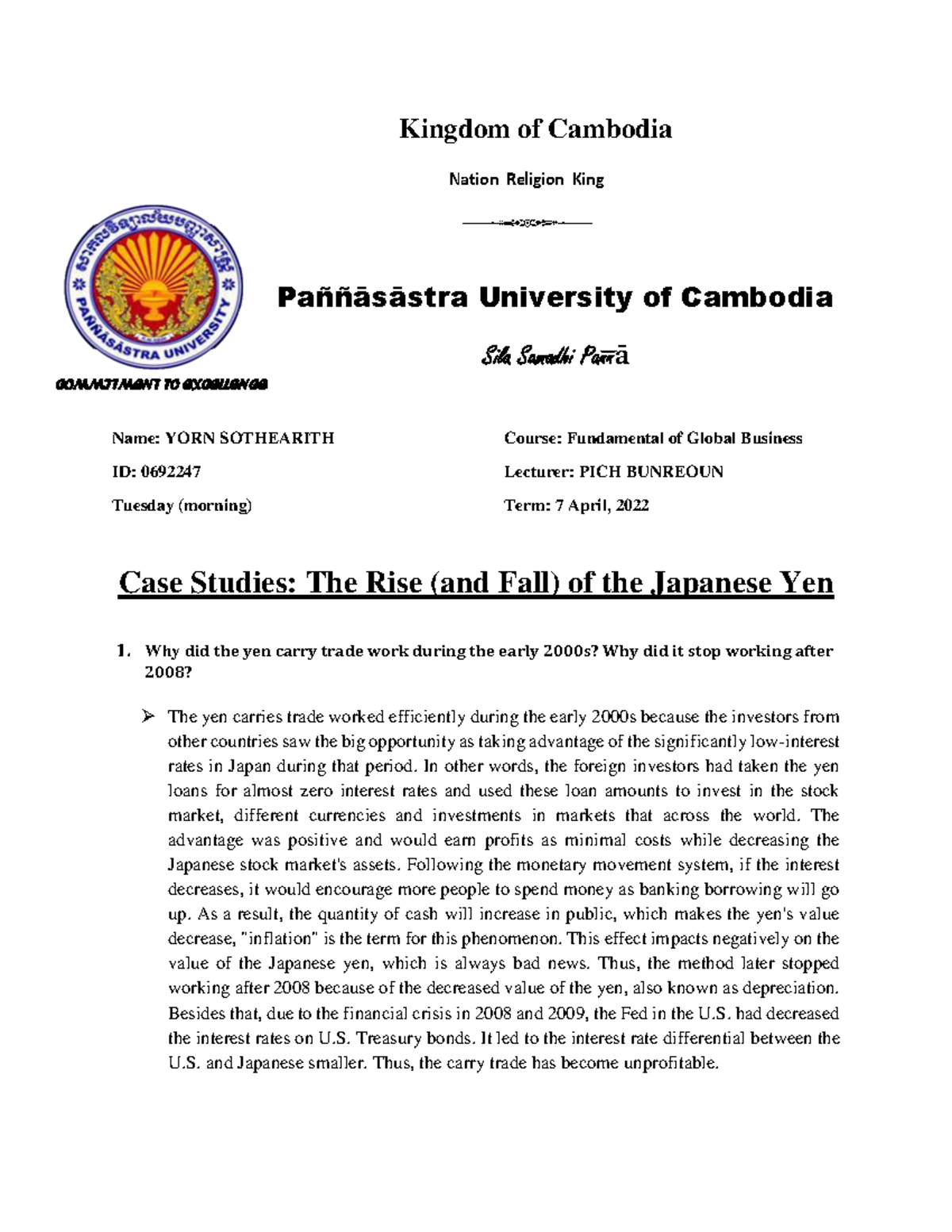 Written Assignment 5 Chapter 10 - Kingdom of Cambodia Nation Religion King 3 PaÒÒāsāstra ...
