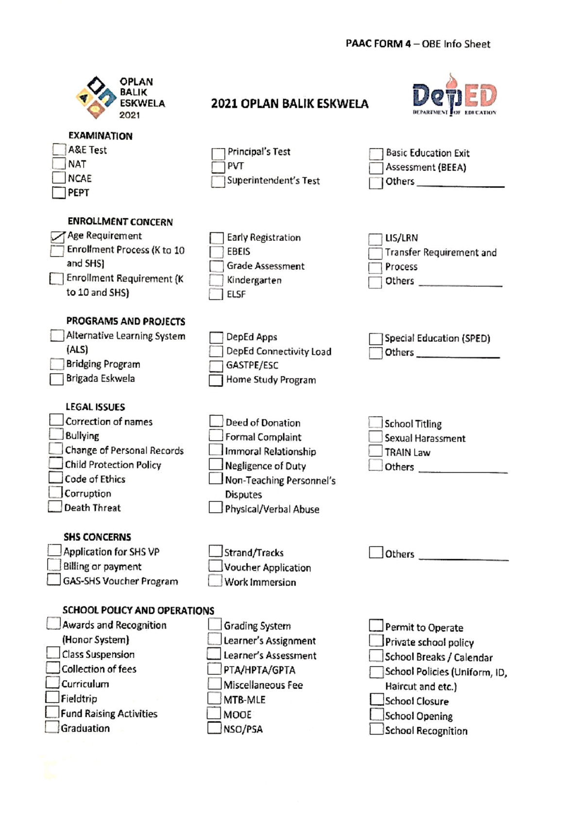 OBE-PAAC FORM 4 2005 29 - Oplan Balik Eskwela - OPLAN mS BALIK Vv A ...