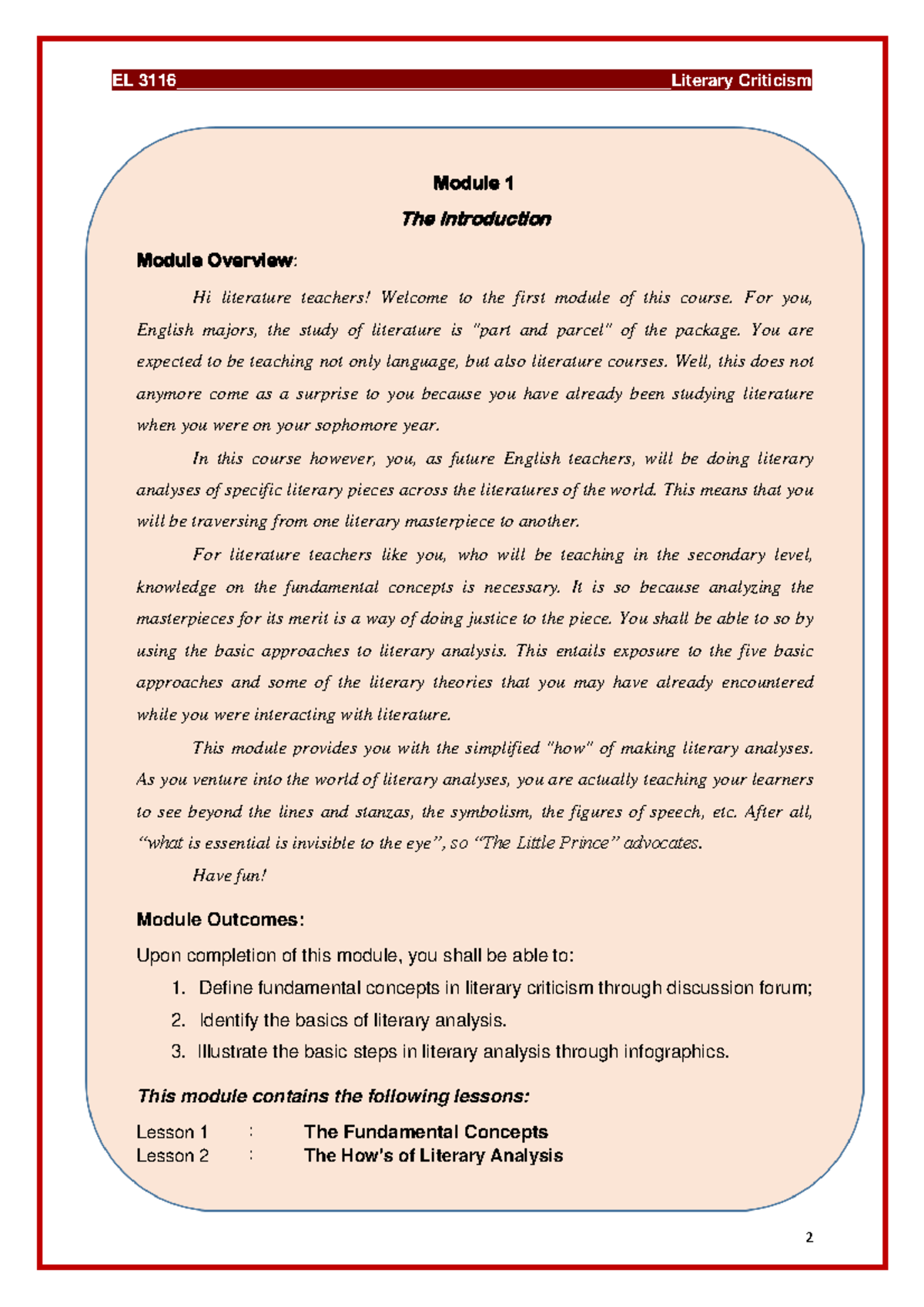 EL 3116 Module 1 - English Criticism Lecture notes for BA ma in English ...