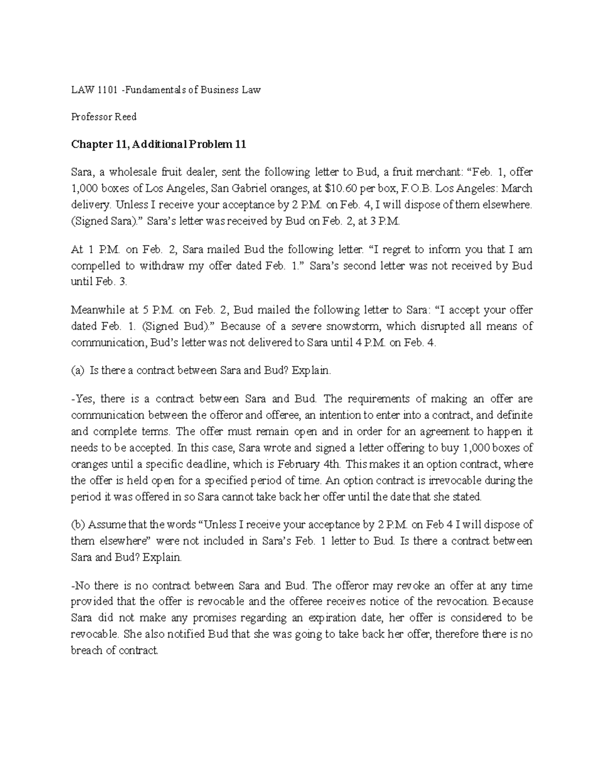 LAW Ch.11 #11 - HW Review - LAW 1101 -Fundamentals of Business Law Professor Reed Chapter 11 ...