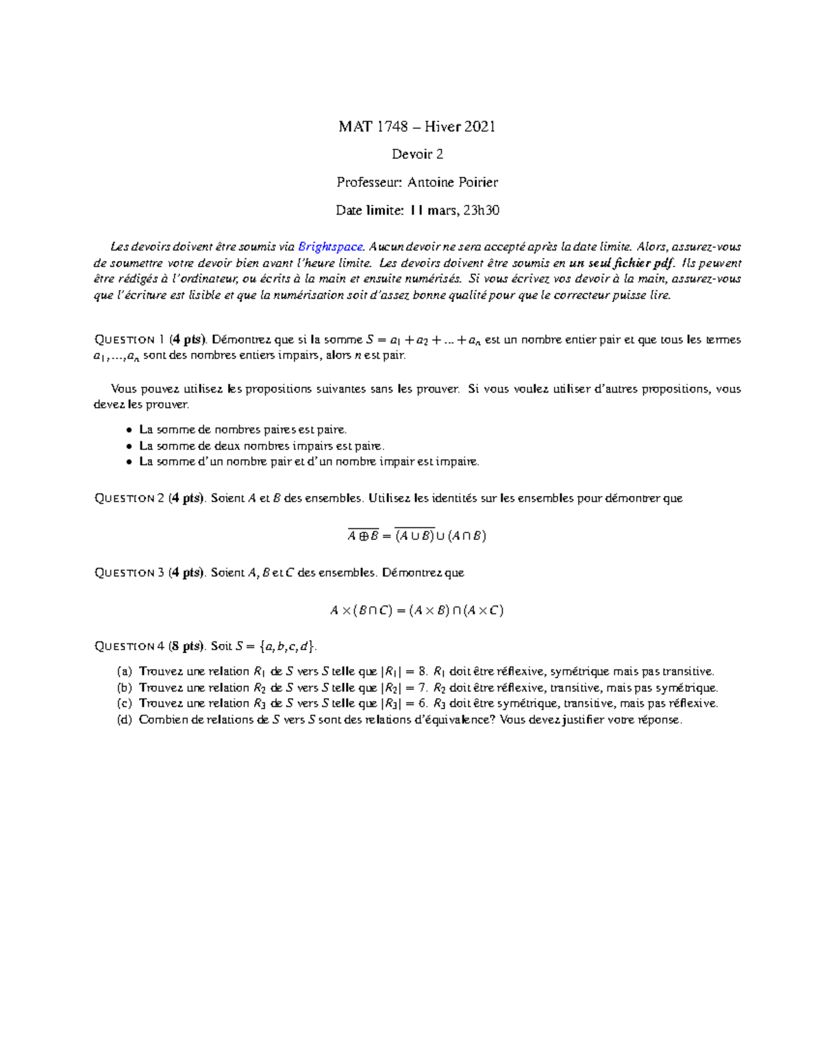 Mat1748 midterm 2 - MAT 1748 – Hiver 2021 Devoir 2 Professeur: Antoine ...