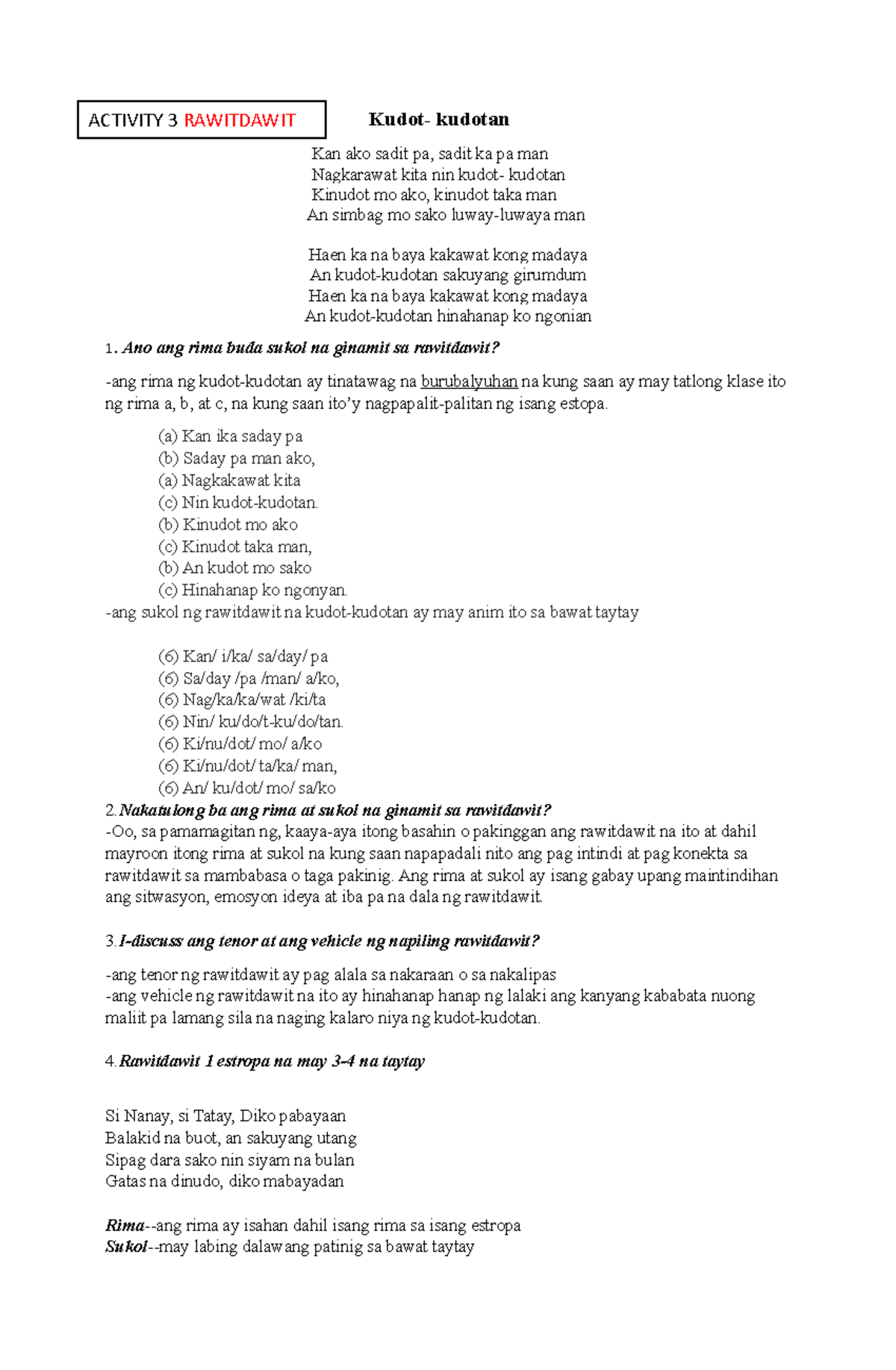 Activity 3 rawitdawit - Kudot- kudotan Kan ako sadit pa, sadit ka pa ...