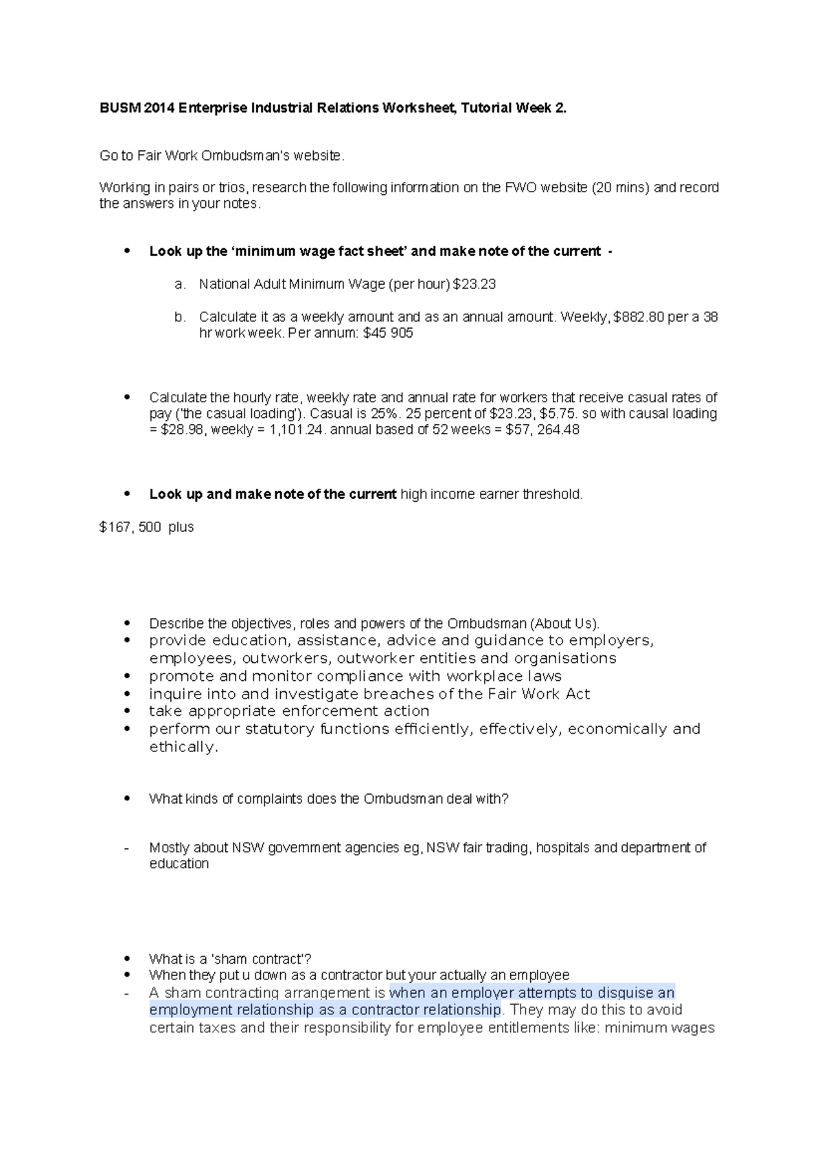 Week 2 Worksheet FWO - BUSM 2014 Enterprise Industrial Relations ...