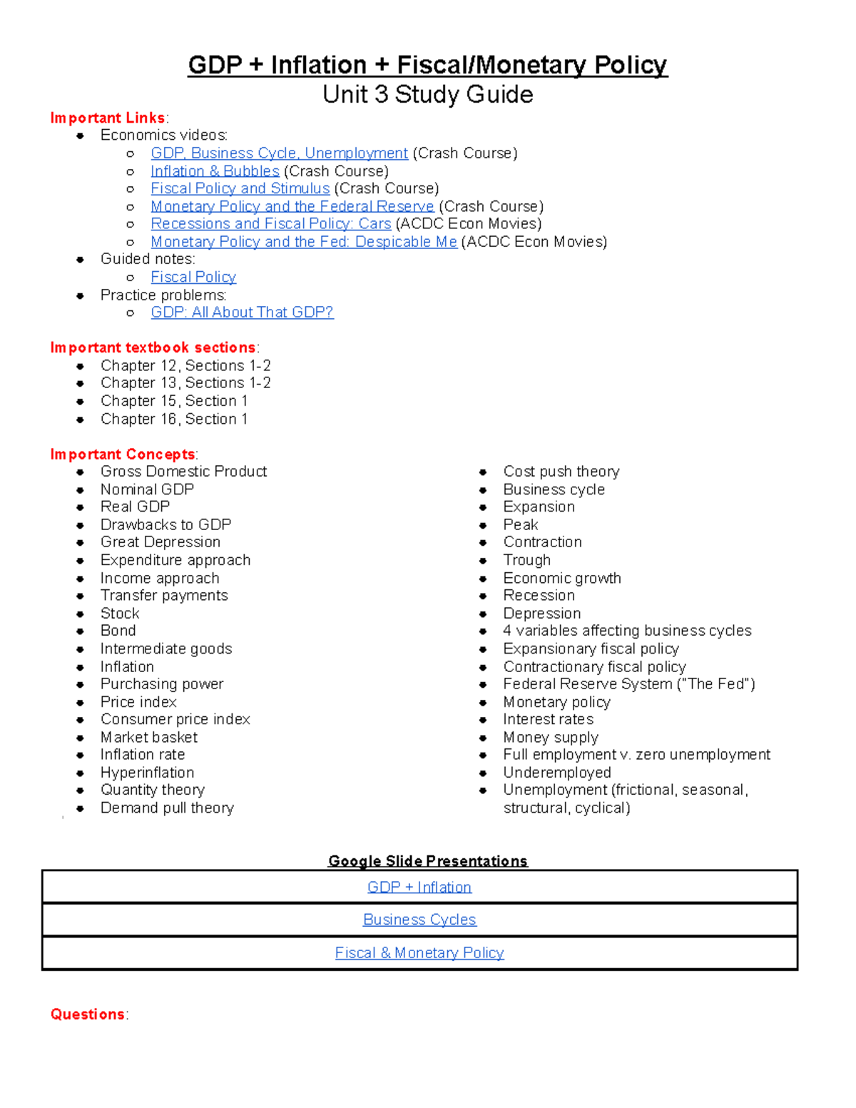 Unit 3 Study Guide - GDP + Inflation + Fiscal/Monetary Policy Unit 3 ...