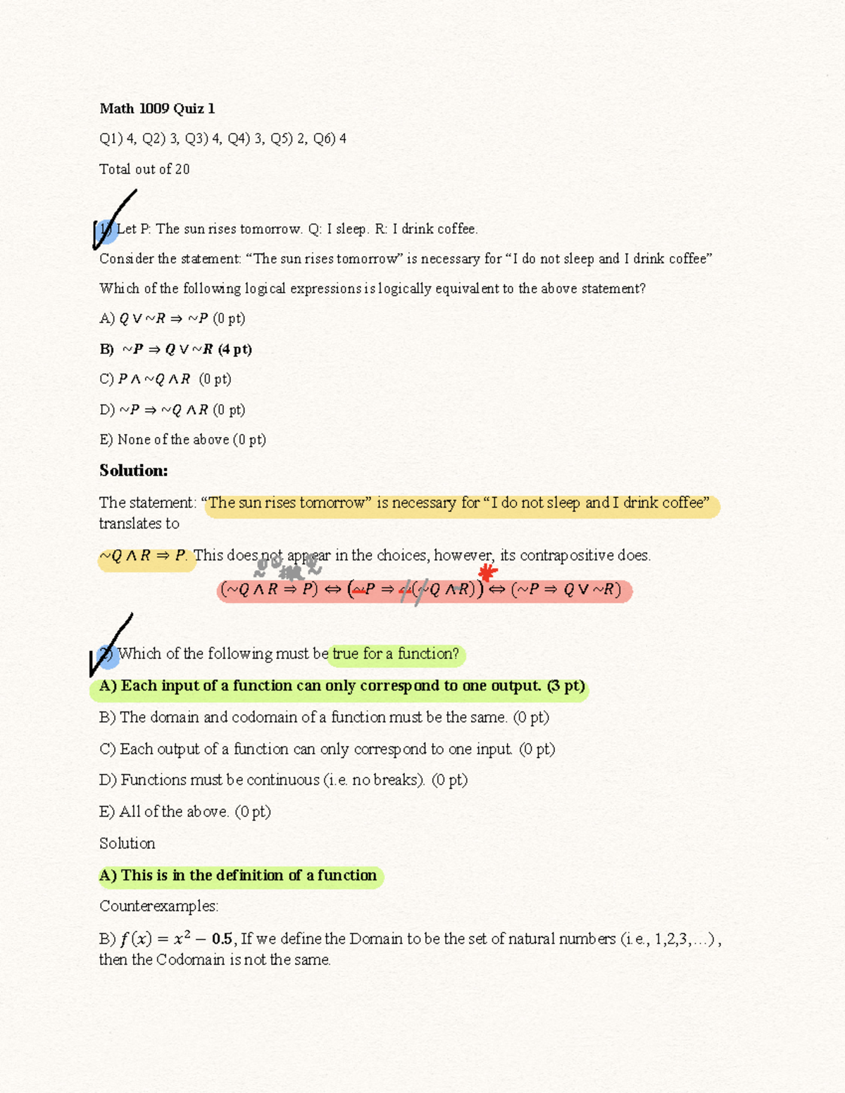 1009 - Quiz 1 Solutions(20-21 First) - Math 1009 Quiz 1 Q1) 4, Q2) 3 , Q3) 4, Q4) 3 , Q5) 2, Q6 ...