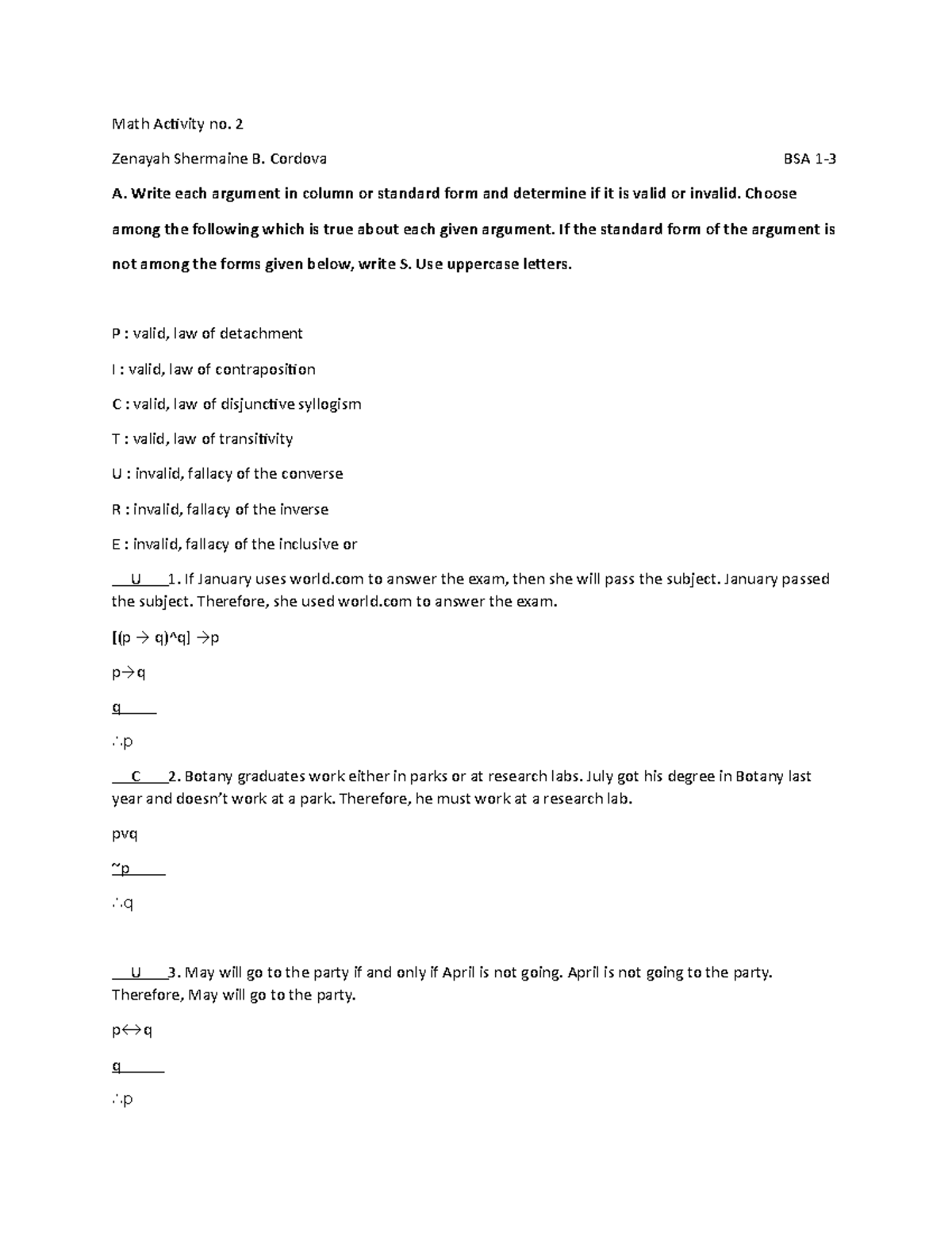 Math Activity no. 2 - Sets and arguments - Math Activity no. 2 Zenayah ...