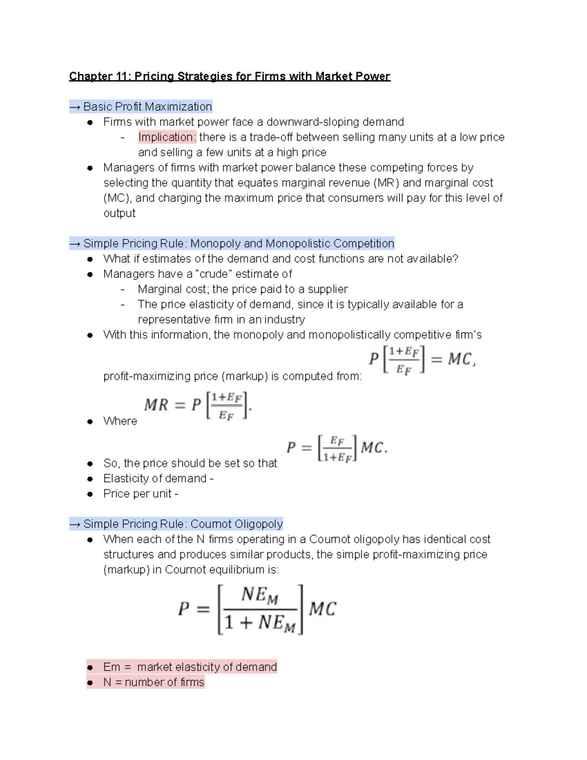 TSN 10 - Ch. 10 typed summary notes - Chapter 11: Pricing Strategies ...
