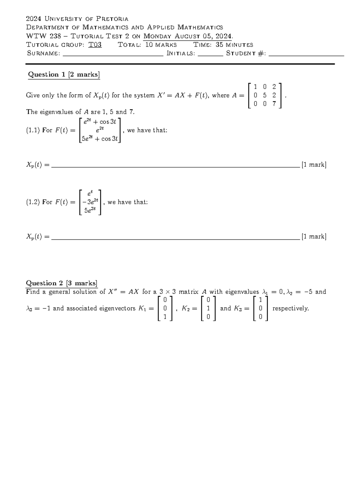 2024 WTW 238 TT2 Friday T03 - 2024 University of Pretoria Department of ...