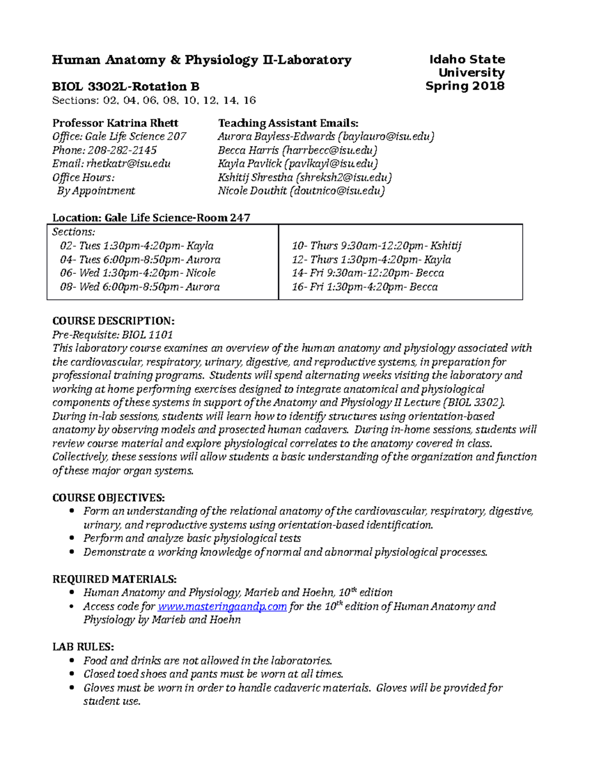 BIOL3302 Lab Syllabus - Human Anatomy & Physiology IILaboratory BIOL ...