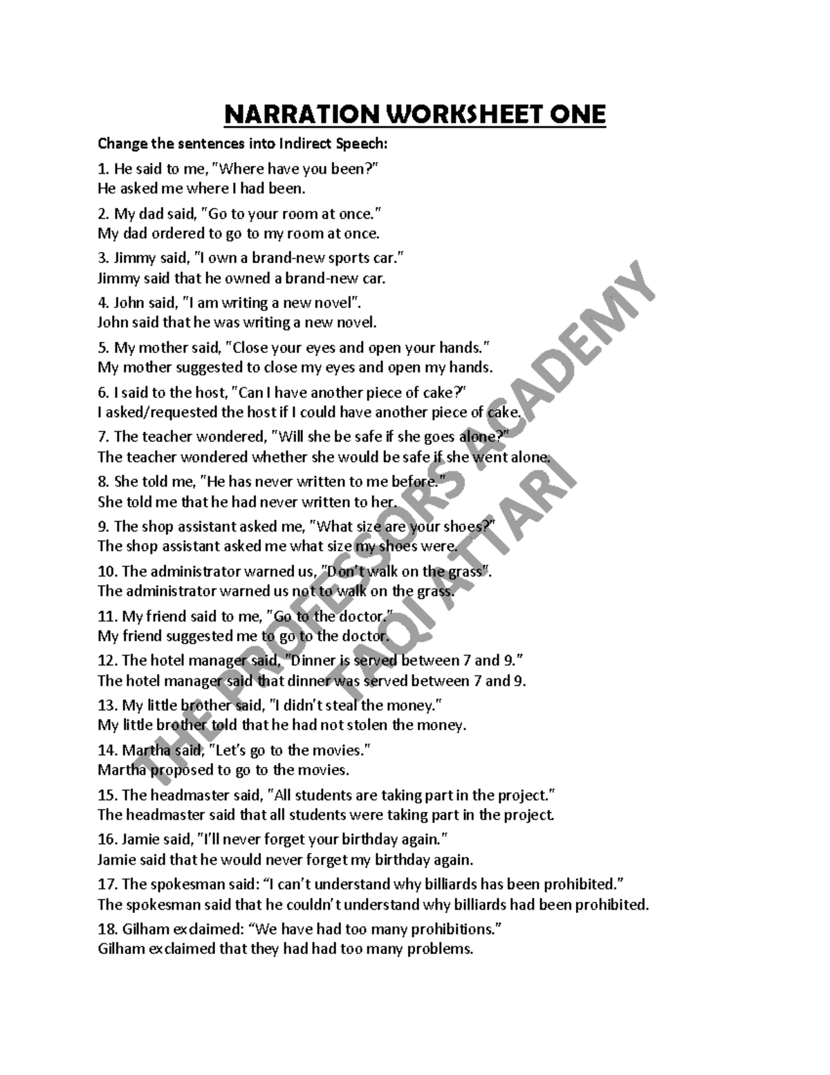 Narration Practice Worksheets One Answer Key - NARRATION WORKSHEET ONE ...