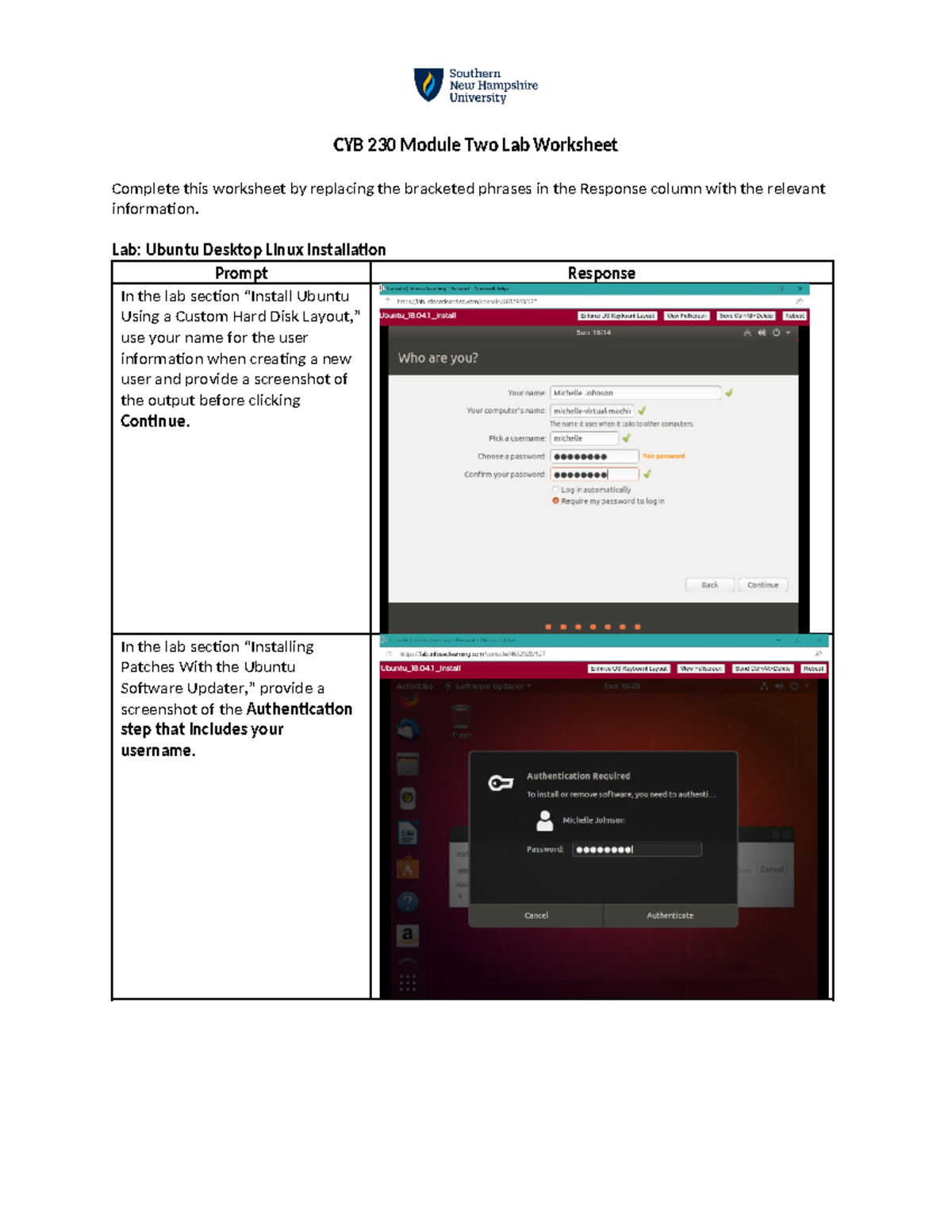 CYB 230 Module Two Lab Worksheet Michelle Johnson - CYB 230 Module Two ...