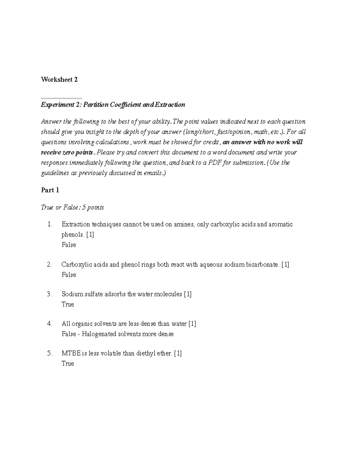 Worksheet 2 - Worksheet 2 Experiment 2: Partition Coefficient and ...