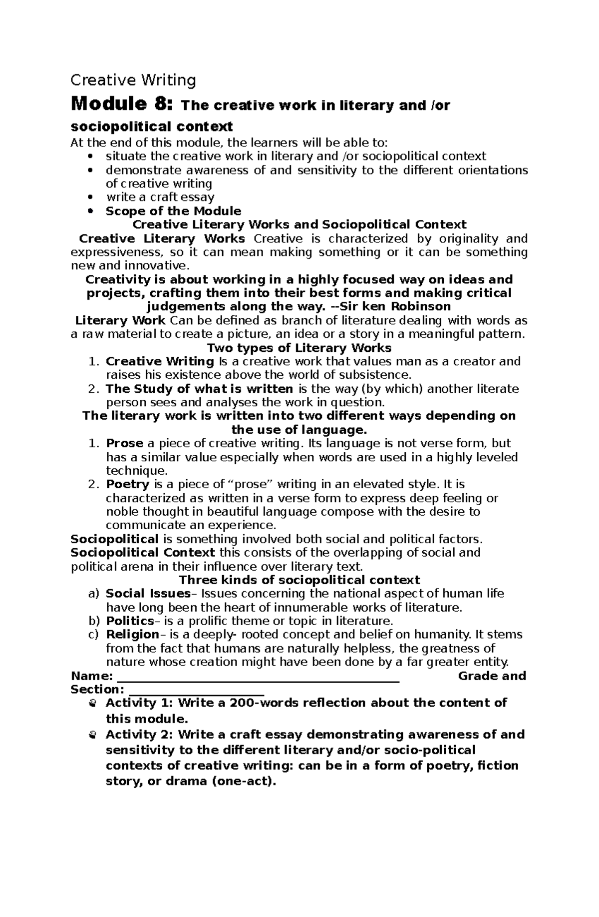 8th-Week-CW - FOR EDUCATION PURPOSES - Creative Writing Module 8: The ...