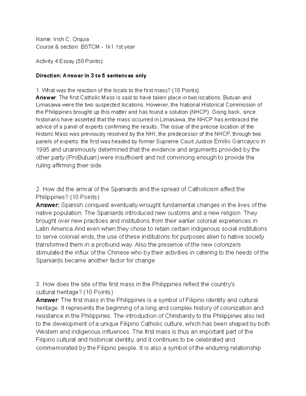 ASD FASFEW EFSEF - Name: Irish C. Orquia Course & section: BSTCM - 1k1 ...