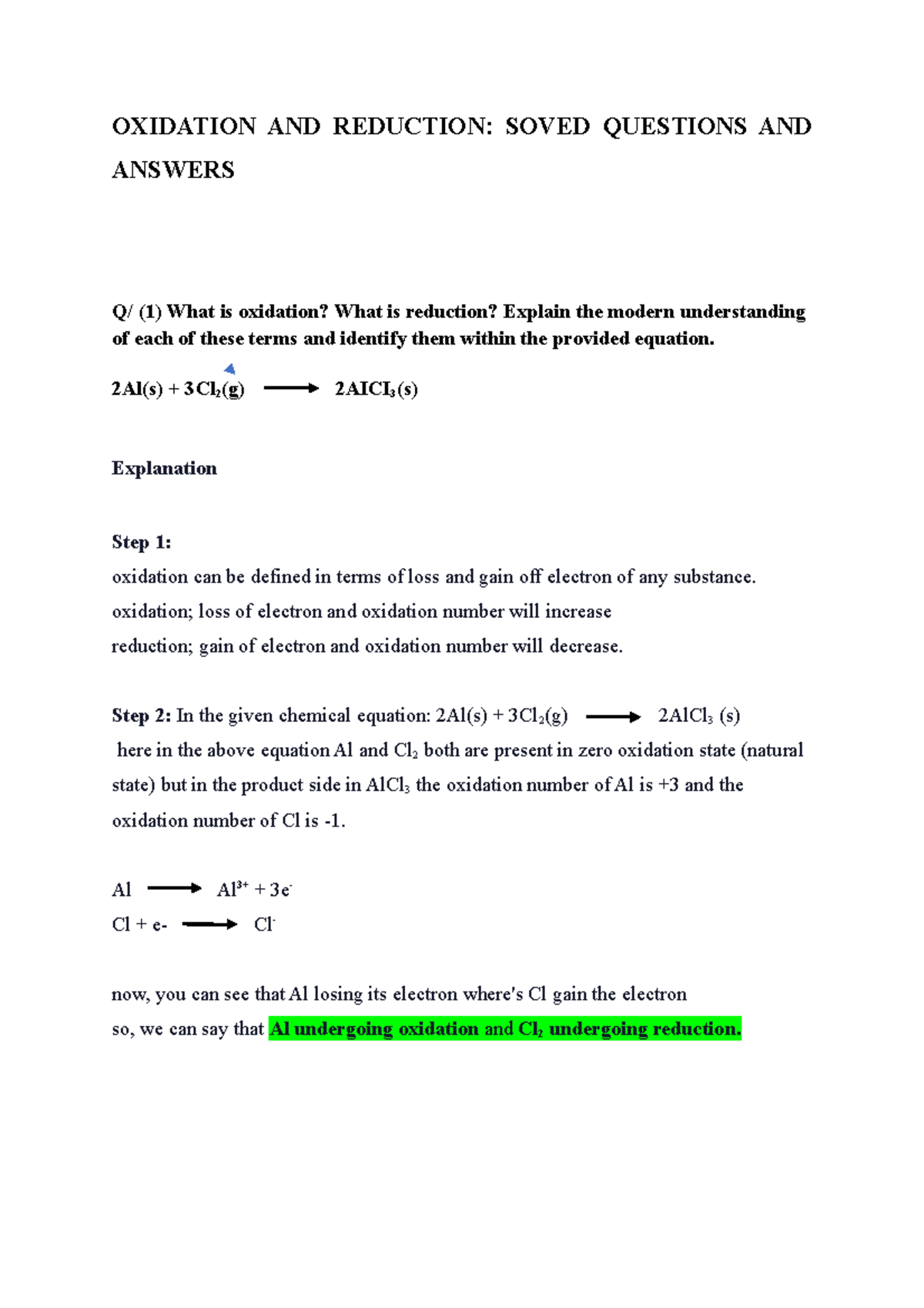 Oxidation AND Reduction Ques & Ans-1 - OXIDATION AND REDUCTION: SOVED ...