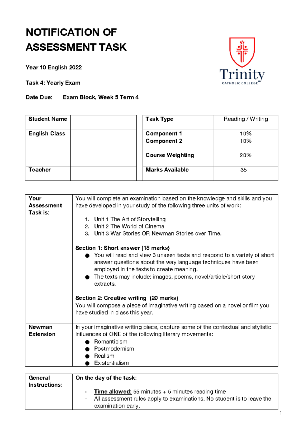 Yr 10 Assessment task 4 notification 2022 - NOTIFICATION OF ASSESSMENT ...
