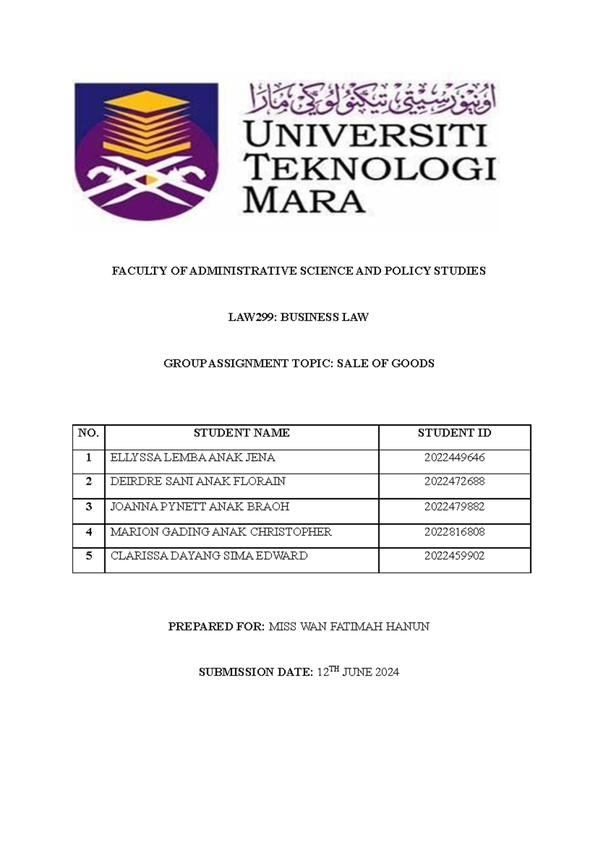 LAW299 Assignment - FACULTY OF ADMINISTRATIVE SCIENCE AND POLICY ...