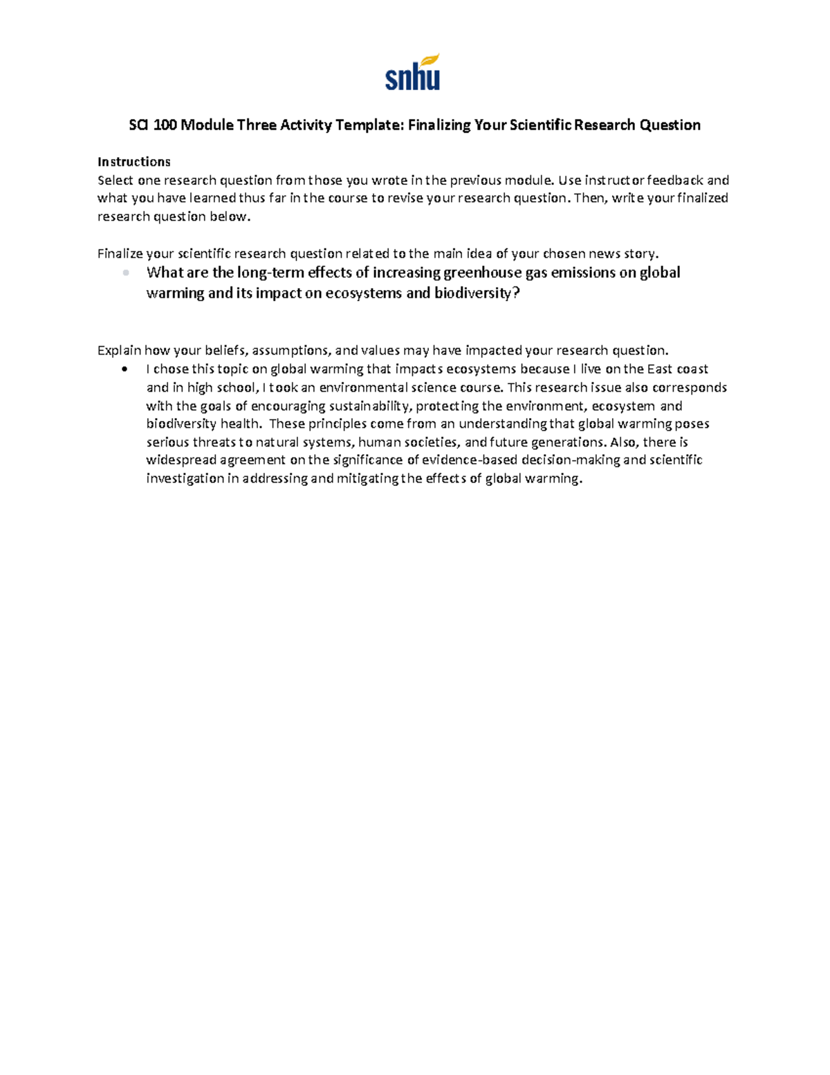 SCI 100 Module Three Activity - Use instructor feedback and what you ...