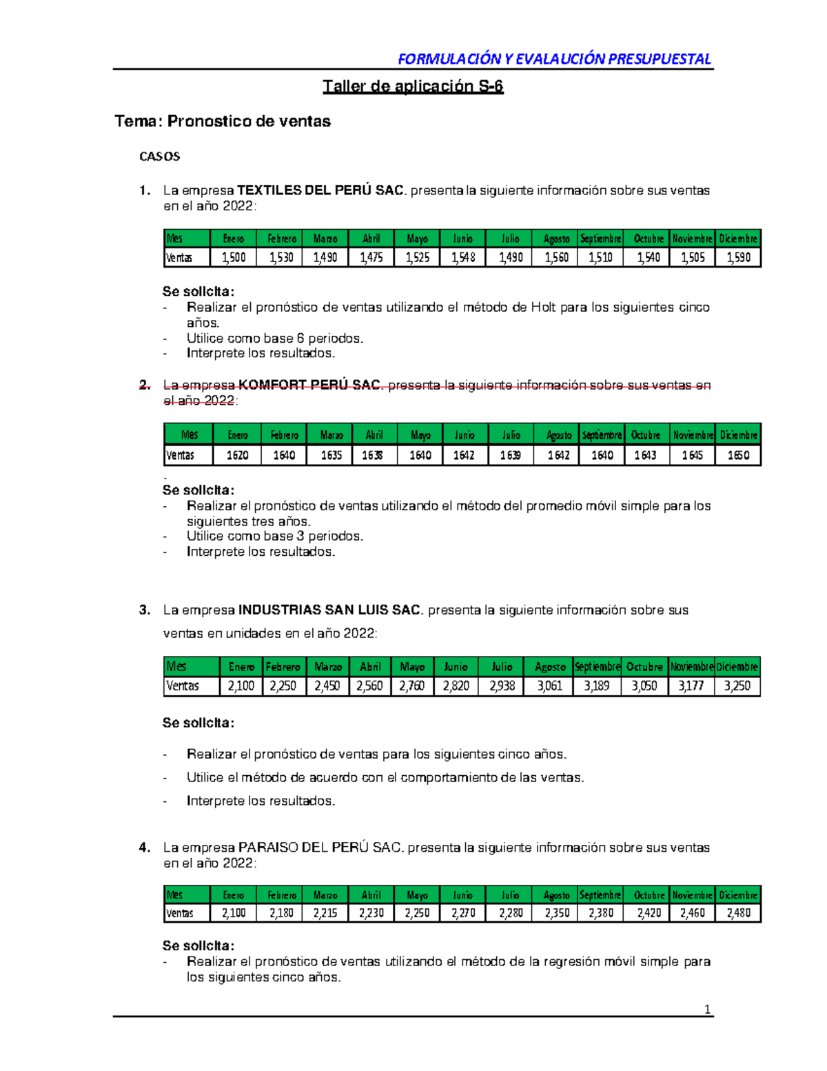 Tarea S-6 - FORMULACIÓN Y EVALAUCIÓN PRESUPUESTAL 1 Taller de aplicación S- 6 Tema: Pronostico ...